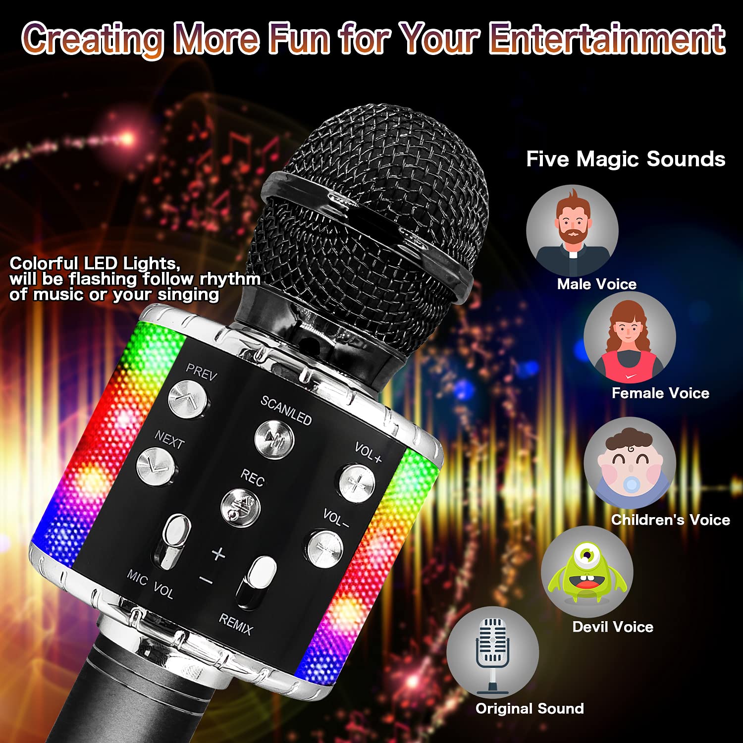 Howeifull Bluetooth Karaoke Microphone Wireless Kids Microphone for Singing, Handhled Karaoke Machine with LED Lights, Great Gifts for Girls Boys Adults All Age