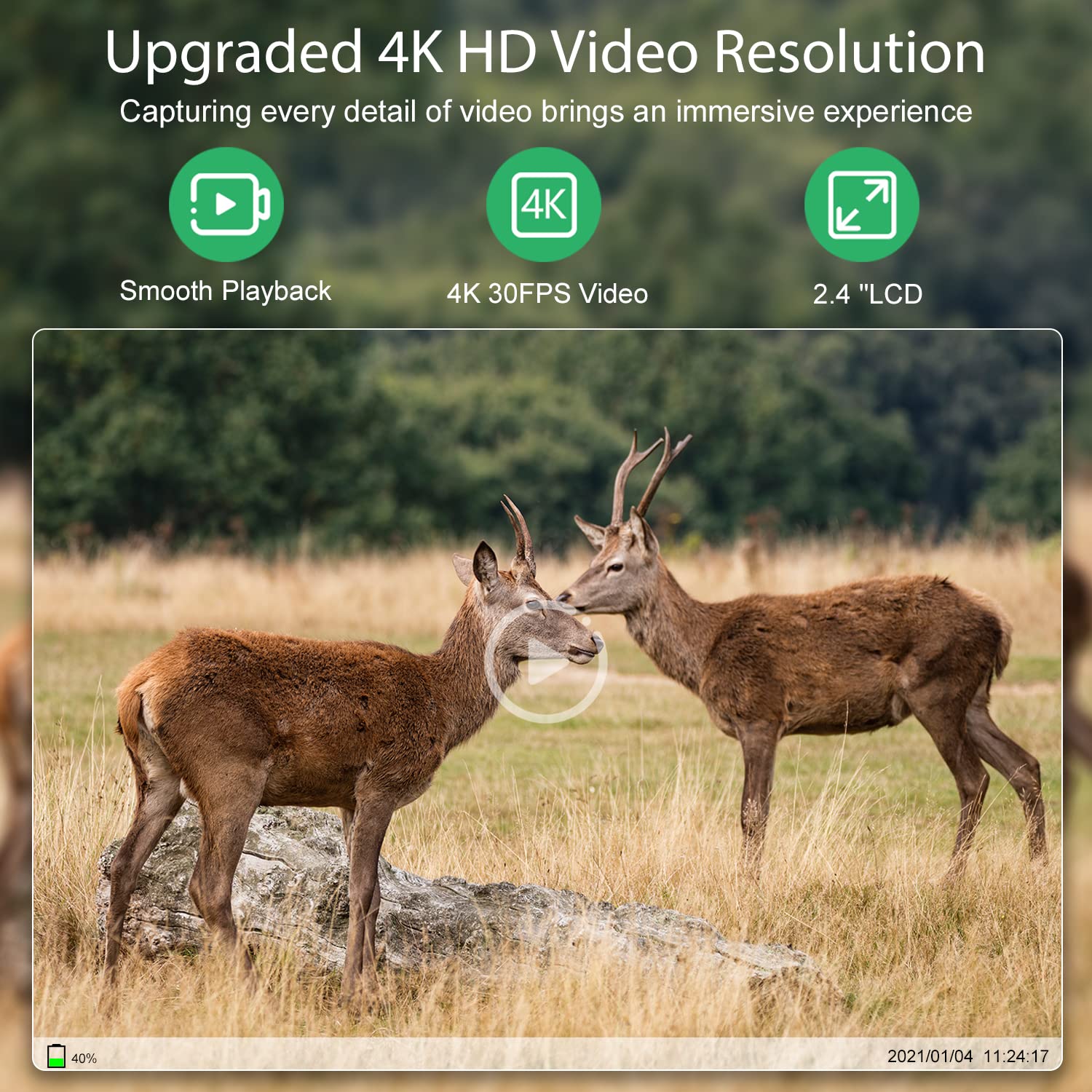 JOH Upgraded 4K 30FPS WiFi Trail Camera, 30MP Game Camera with Low Glow Night Vision, 0.2s Trigger Motion Activated, IP66 Waterproof Hunting Camera, 120° Wide Angle Deer Cam with 32GB Card