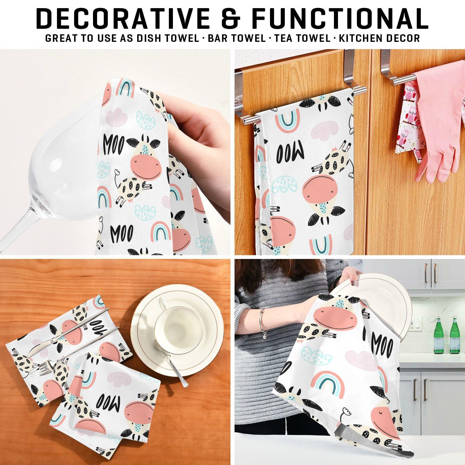Kigai Cow Kitchen Towels, 18 x 28 Inch Super Soft and Absorbent Dish Cloths for Washing Dishes, 4 Pack Reusable Multi-Purpose Microfiber Hand Towels for Kitchen