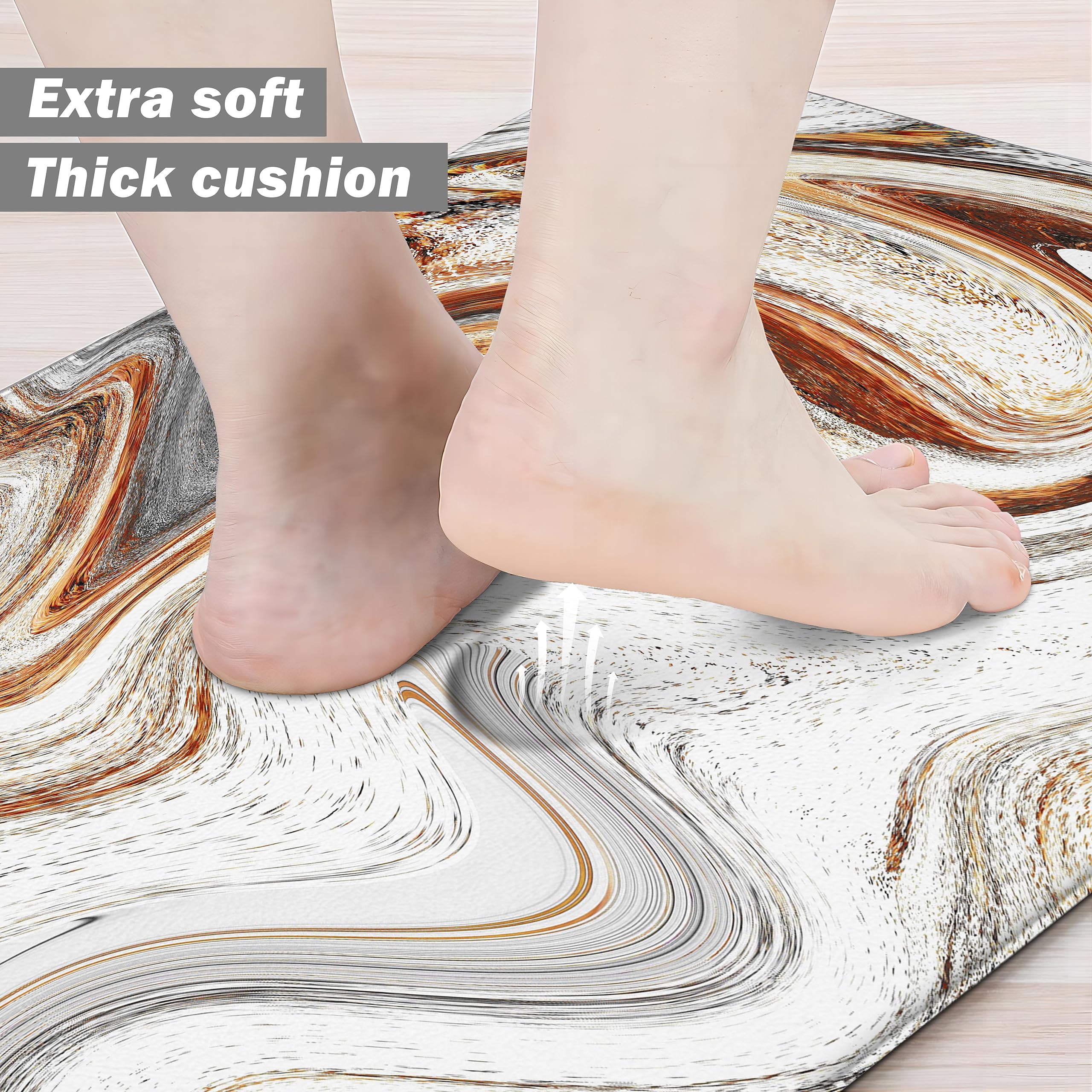 Kitchen Mats for Floor Anti Fatigue Floor Marble Cushioned Memory Foam Non Slip PVC Leather Padded Comfort Standing Rugs Set of 2, Abstract Golden Swirl Design, C1