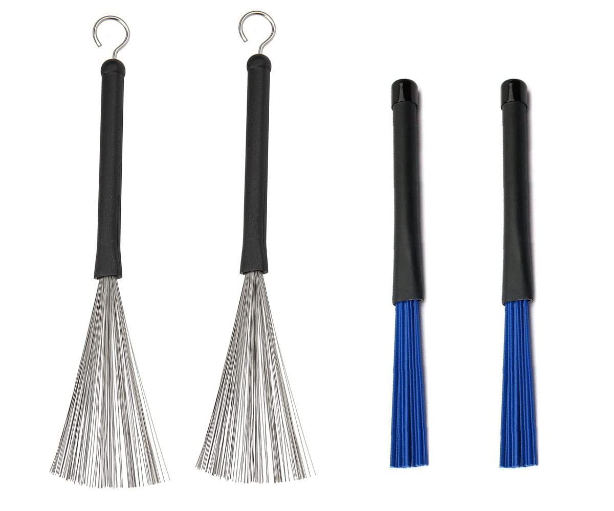 Jiayouy Retractable Drum Brushes Set 1 Pair Drum Wire Brushes and 1 Pair Nylon Brushes set for Cajon Jazz Acoustic Drummer Playing Music Lover