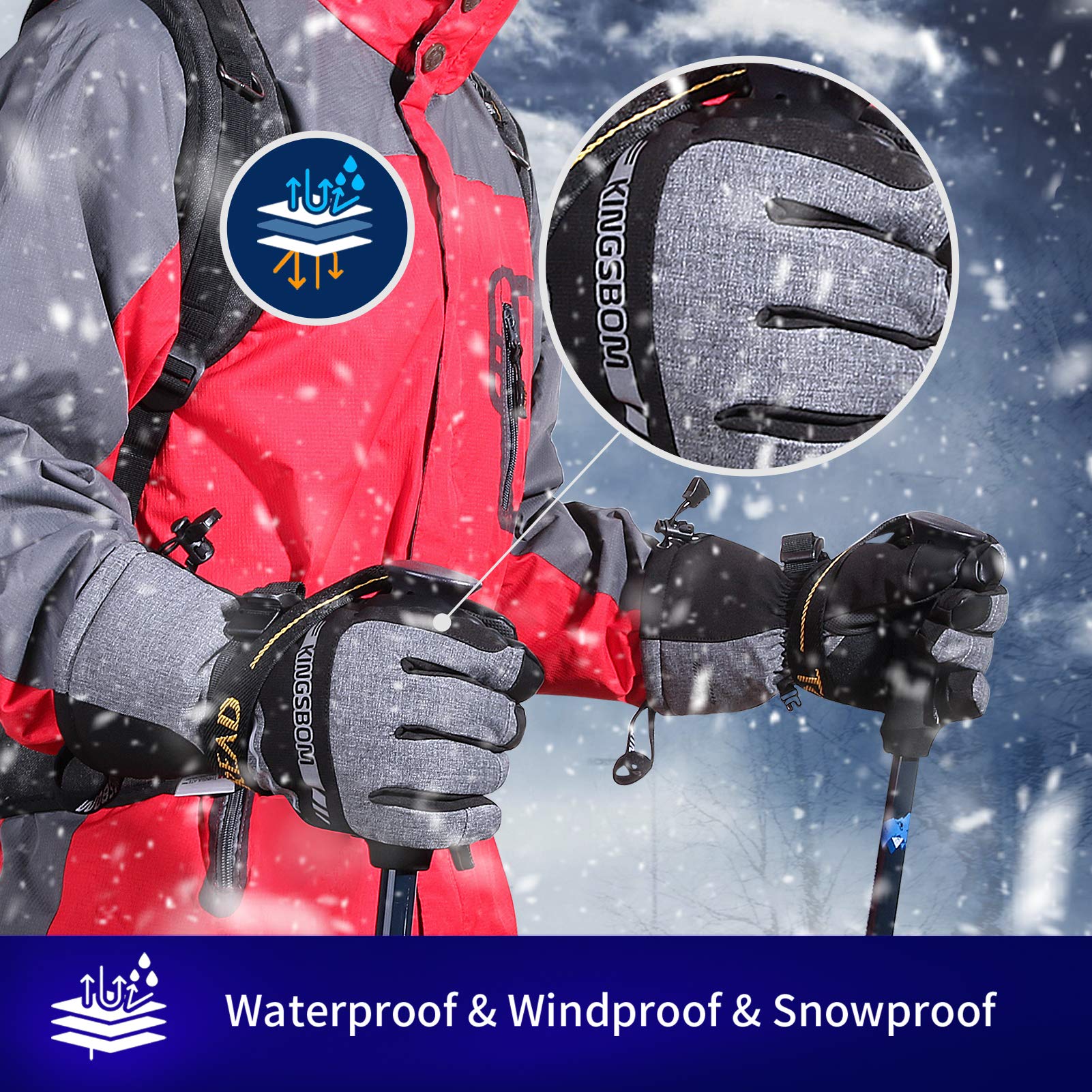 KINGSBOM Waterproof Ski & Snow Gloves, 3M Thinsulate Winter Warm Touch Screen Snowboard Gloves for Men & Women (XX-Large)