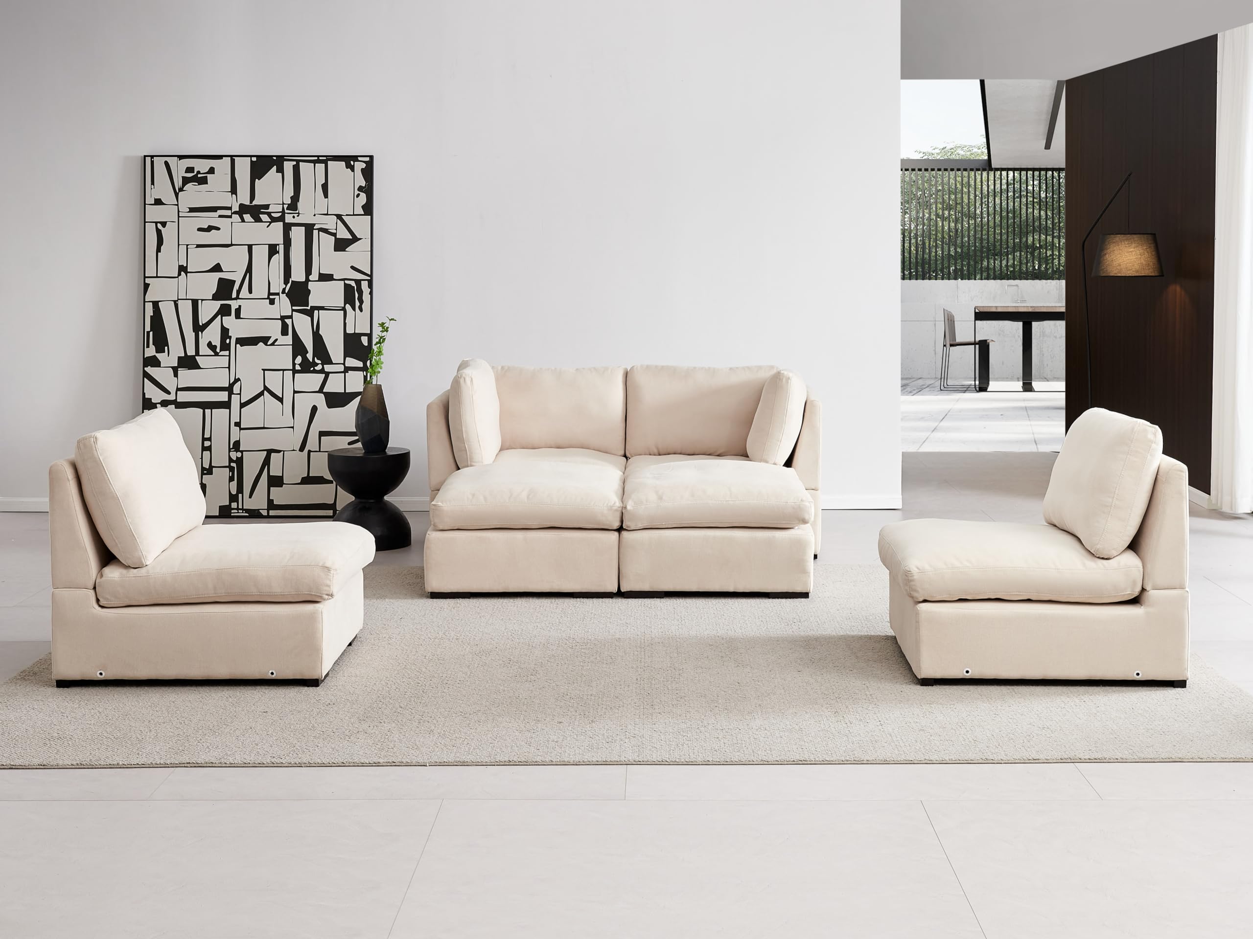 N NOORDENIYA 129'' Polyester U Shape Sectional Cloud Sofa, Oversized Modern Cloud Sectional Couch with Reversible Chaise, 6 Seater Sofa Set for Living Room, Apartment, Office. Beige
