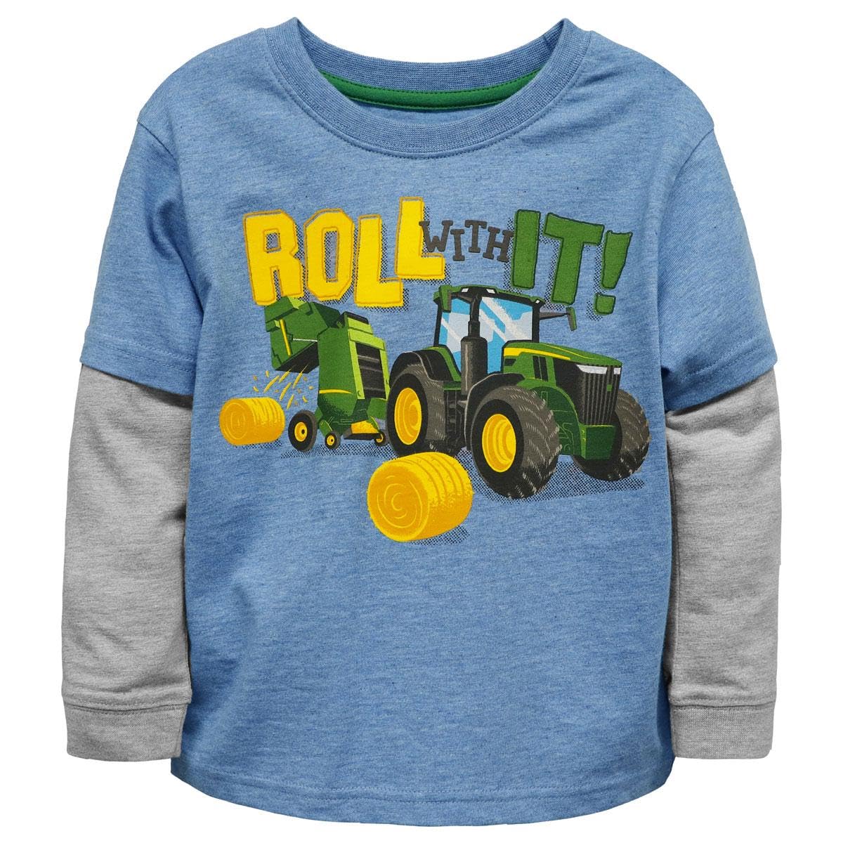 John Deere Blue Long Sleeve Roll with It Tractor Baler T-Shirt Sizes 2T 3T 4T (as1, Age, 2_Years, 2T)