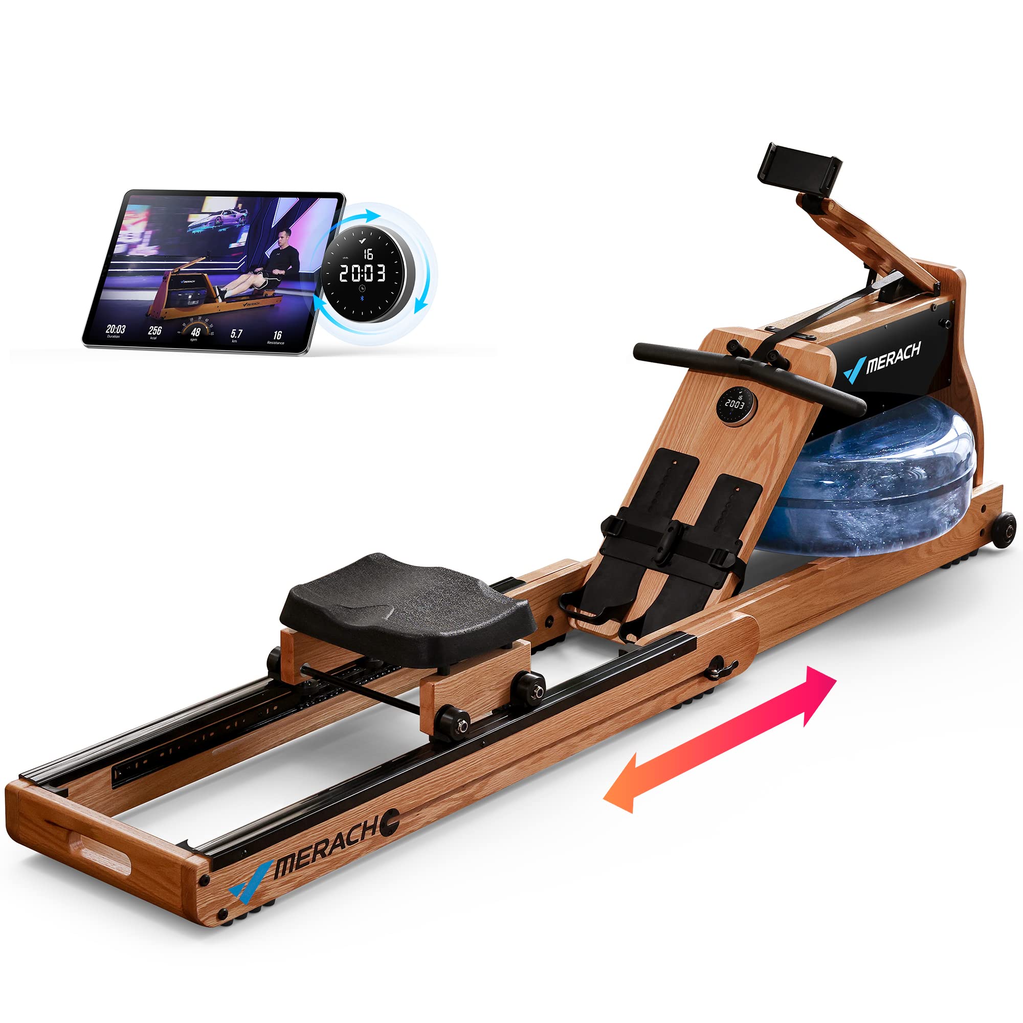 MERACH Water Electromagnetic Rowing Machine Included Exclusive App Lifetime Membership, Foldable Oak Wood Rower with MERACH Go Technology, Rowing Machine for Home Use, Patented Space Saver, 950