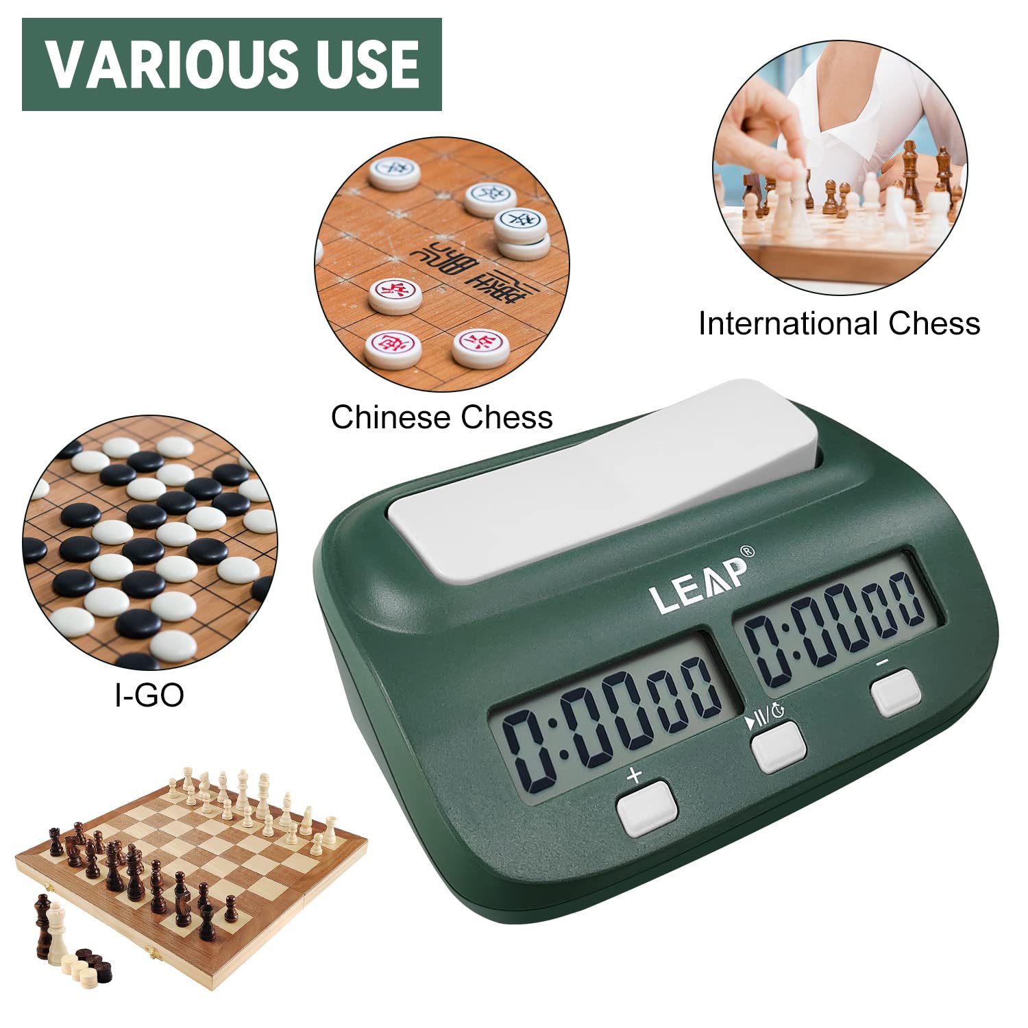 LEAP Digital Chess Clock Timer with Bonus and Delayed Time Features Chess Timer for Chess Game I-GO and Chinese Chess (Blackish Green)
