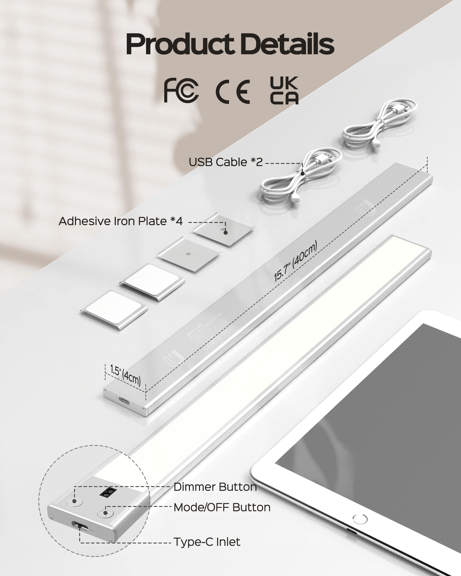 JACKYLED 15.7 Inch Under Cabinet Lights, Led Under Cabinet Lighting Wireless Hand Wave Sensor Lights Indoor, USB-C Magnetic Lights Rechargeable 3000mah Battery Under Counter Lights For Kitchen, 2 Pack