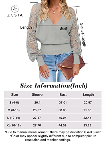 ZCSIA Women's Long Sleeve V Neck Lace Patchwork Solid Color Ribbed Knit Pullover Sweater Tops,SolidGrey,Small