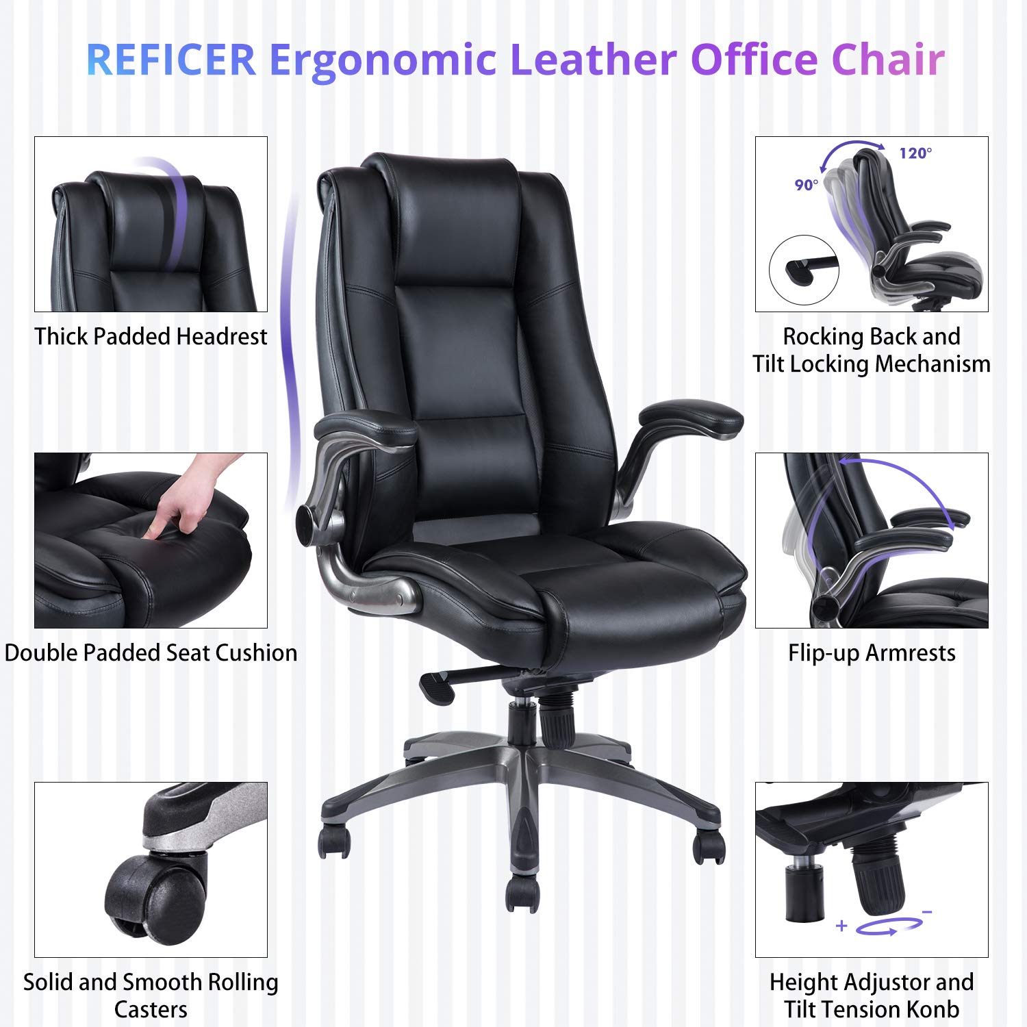 High Back Office Chair - Adjustable Flip-Up Arms Ergonomic Bonded Leather Computer Desk Executive Chair, Double Padded Backrest Seat Cushion & 360 Degree Rotation for Office Workers & Student