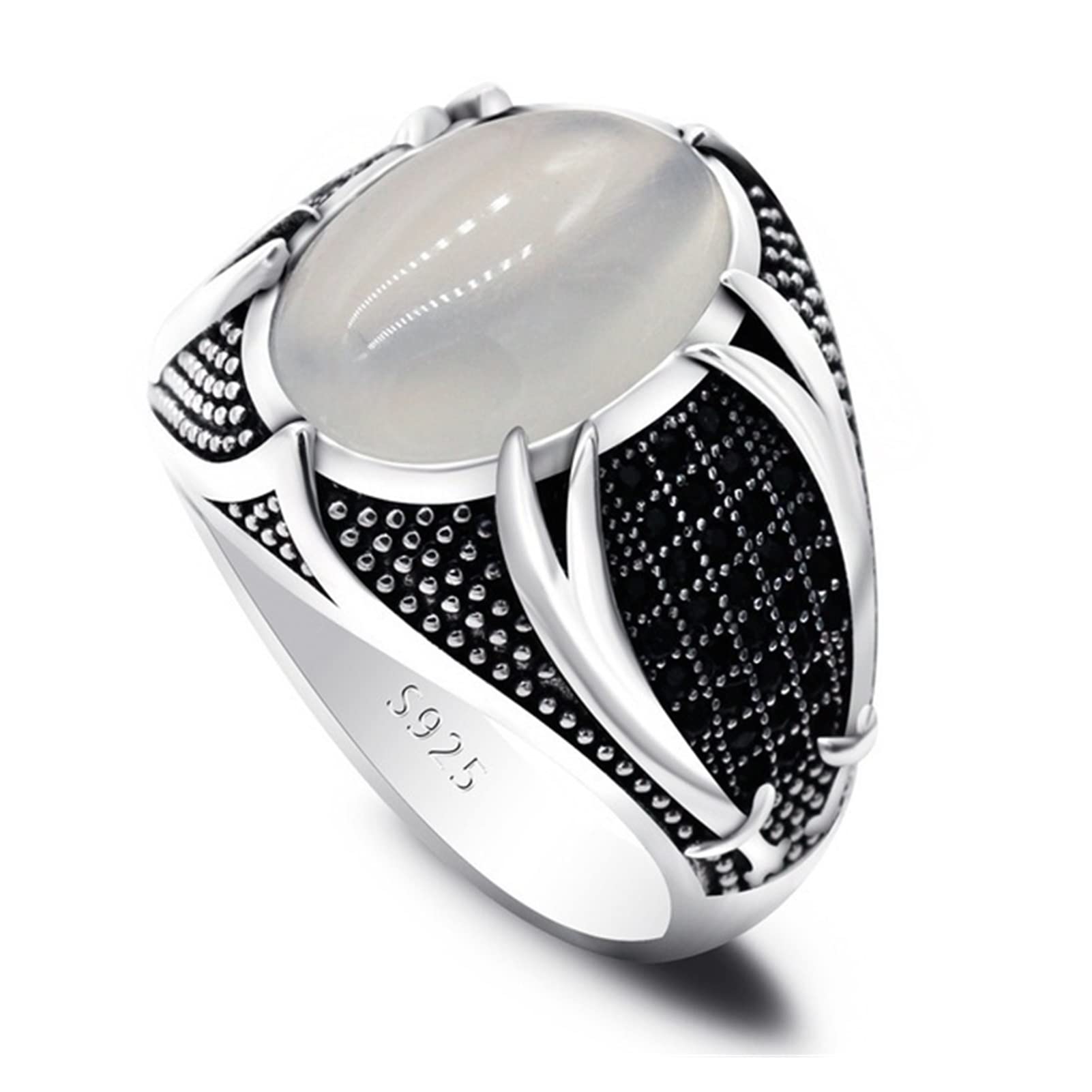 HOYEDNK Antique Ring Men's Ring White Agate Stone with Black Rings Jewelry Gift (Main Stone Color : Silver, Ring Size : 10)