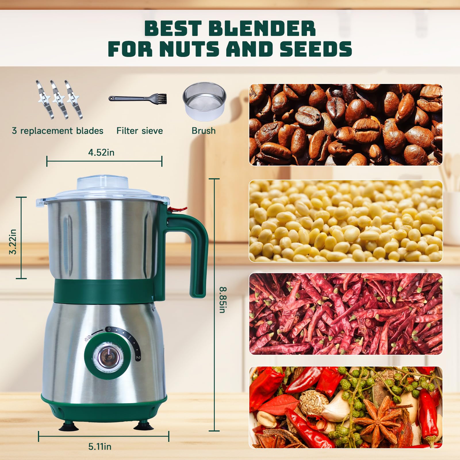 Spice and Nut Grinder, Electric Spice Grinders, Espresso Grinder with 3 Stainless Steel Blades, 1 Filter and 1 Brush,500W Wet & Dry Grinder for kitchen.(Green)