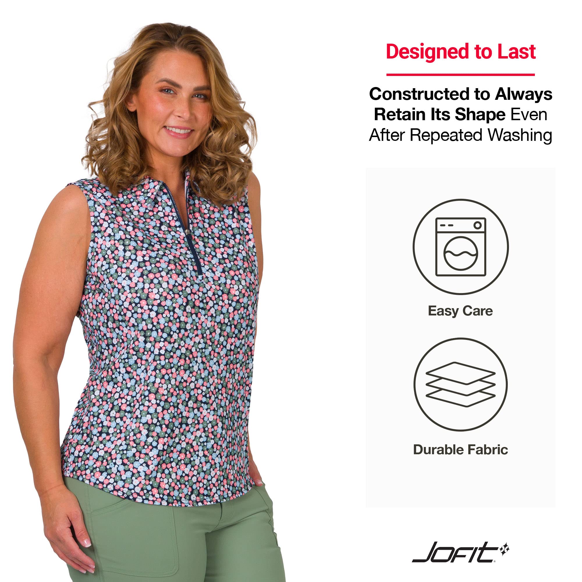 Jofit Apparel Women's Athletic Clothing Sleeveless Polo for Golf & Tennis, Size X-Large, Ditsy Floral Print