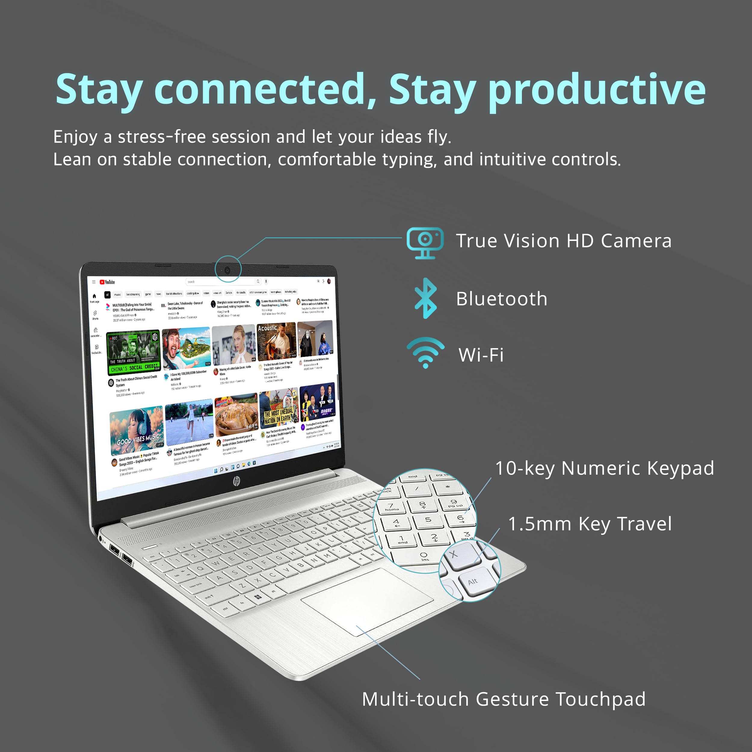 HP 15.6" FHD Touchscreen Laptop, Intel Core i5-1135G7 Processor, 12GB DDR4 RAM, 256GB SSD, Intel Iris Xe Graphics, HD Webcam, Windows 11, Silver, 32GB Hotface USB Card