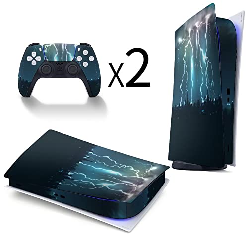 Lightning Strikes Cityscape Full Protective Skin Cover Design Wrap Decal Sticker Compatible with PS5 Digital Edition Console and Controller