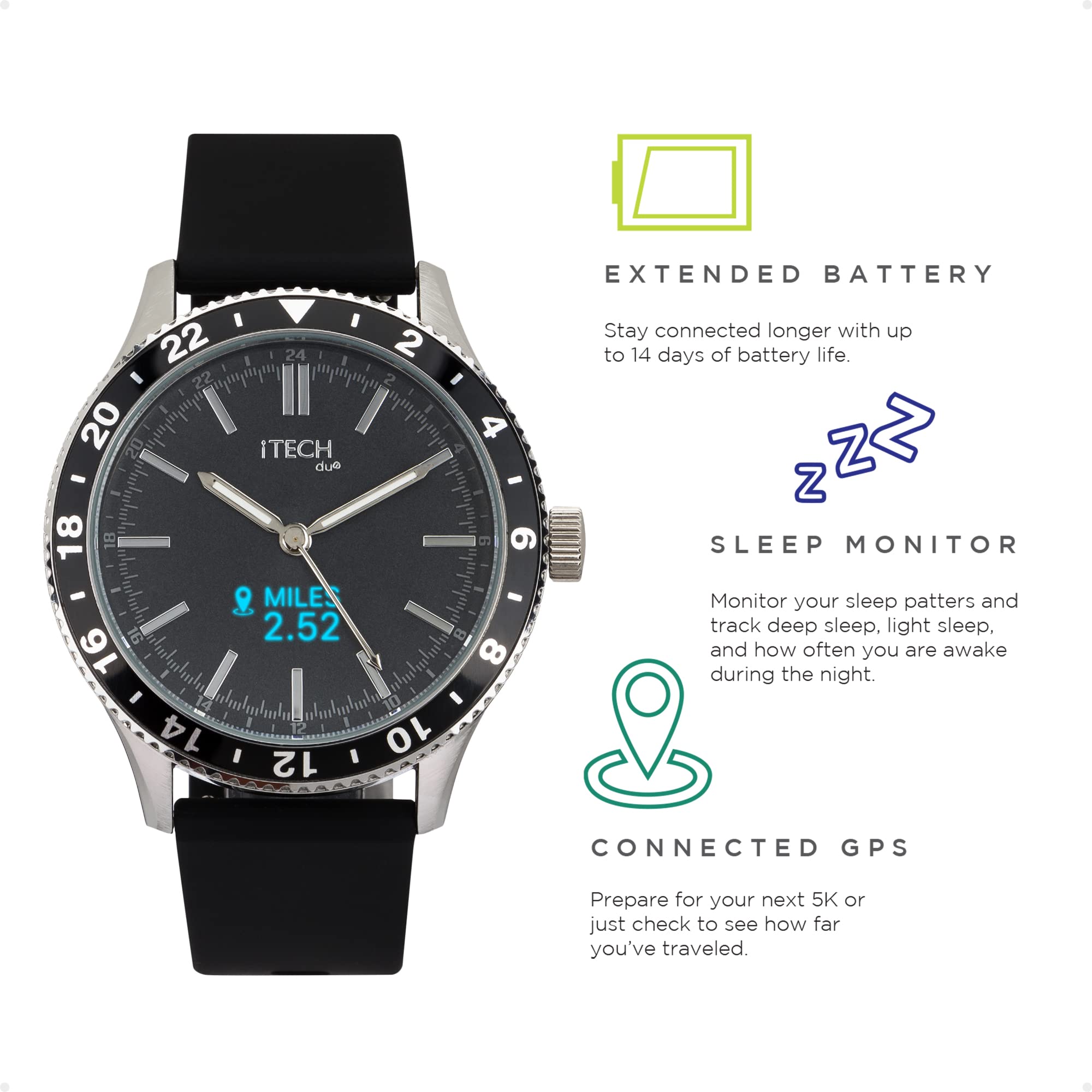 Itech Duo Smartwatch Fitness Tracker Step Counter Sleep Monitor Connected GPS Notifications for Women and Men up to 10 Day Battery Compatible w Android & iOS (Silver/Black)
