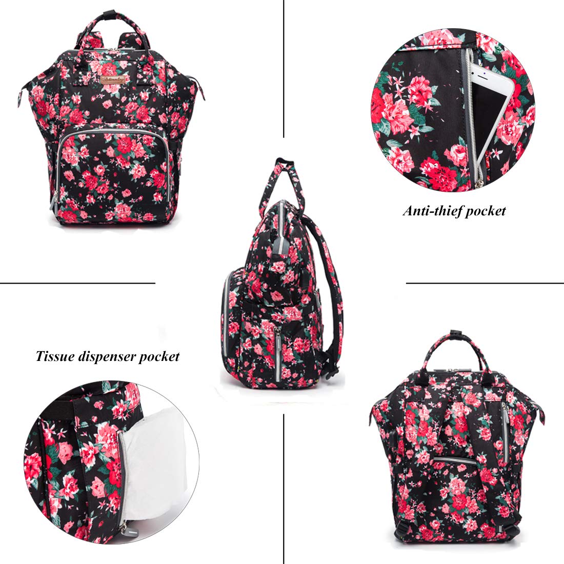 hopopower Diaper Bag Backpack, Diaper Bag with USB Charging Port for Mom & Dad, Large Multifunction Baby Nappy Changing Bags,Waterproof & Stylish, Floral