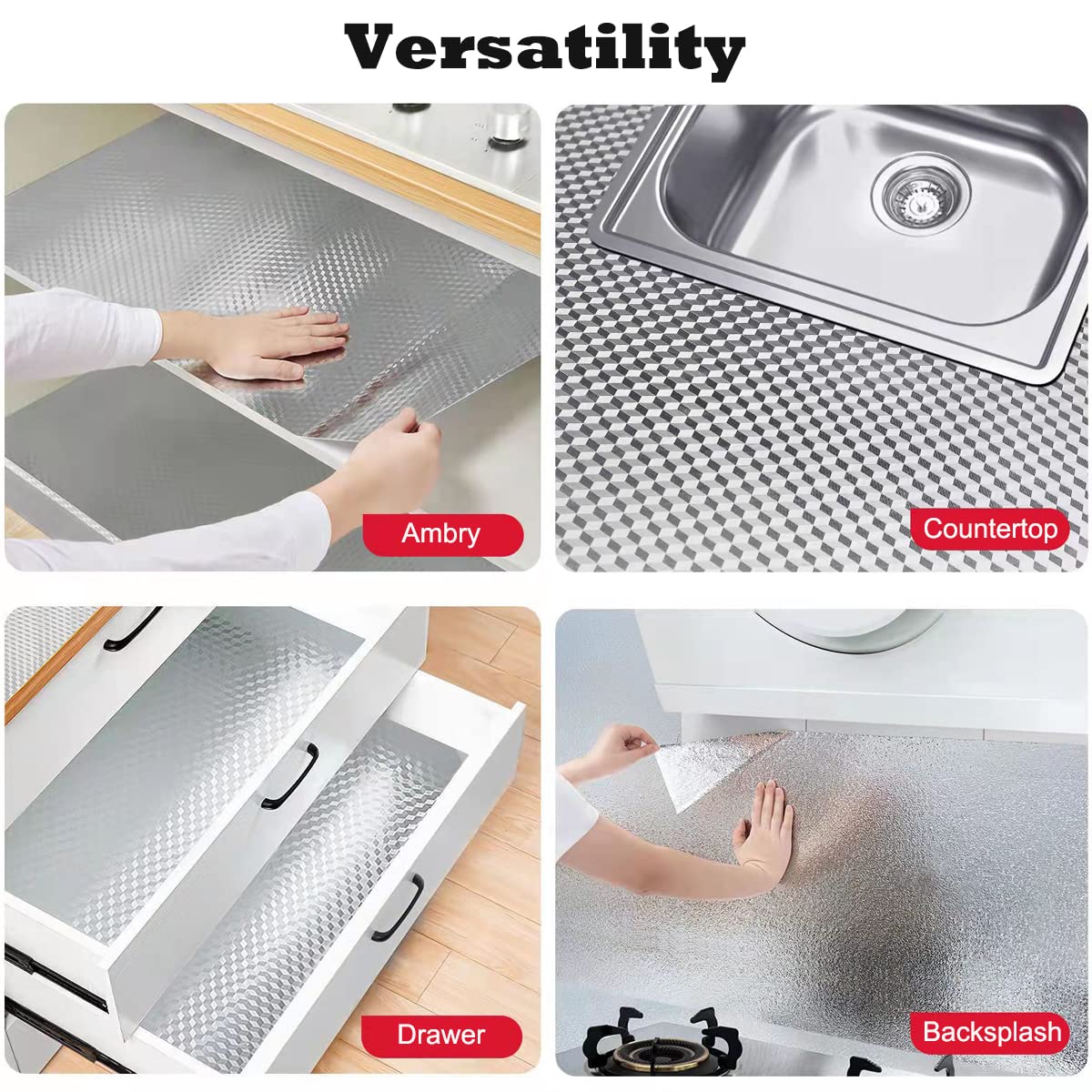 Kitchen Waterproof Oil Proof Aluminum Foil Sticker, Silver Chequer Peel and Stick Wallpaper Removable and Self Adhesive Paper for Kitchen Countertops Desk Cabinet (15.7"x118", Silver Chequer)