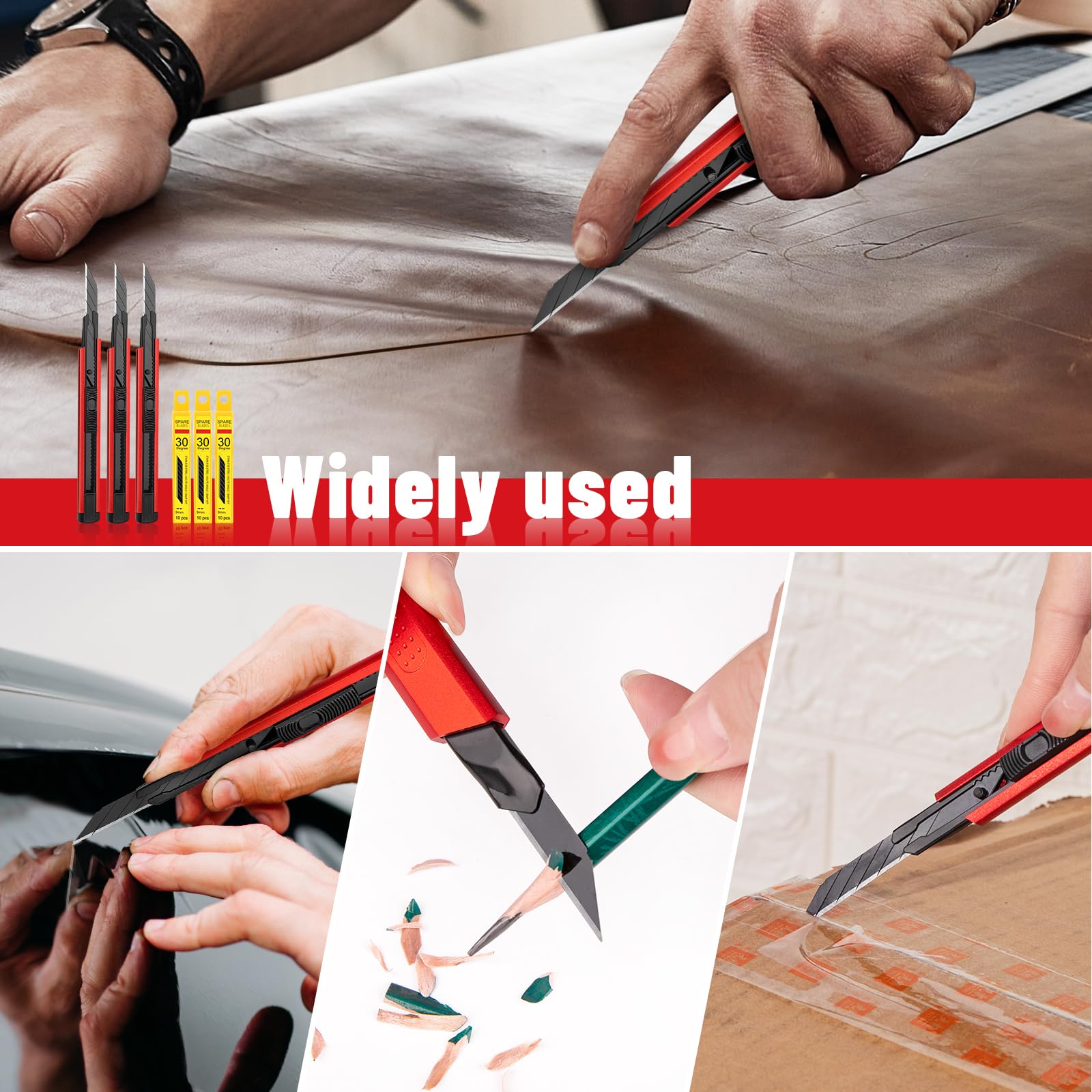 WRAPXPERT Utility Knife Retractable 30 Degree 9MM Snap Off Blade,3 Pack Sharp Box Cutter Knife for Office Vinyl,Paper,Red