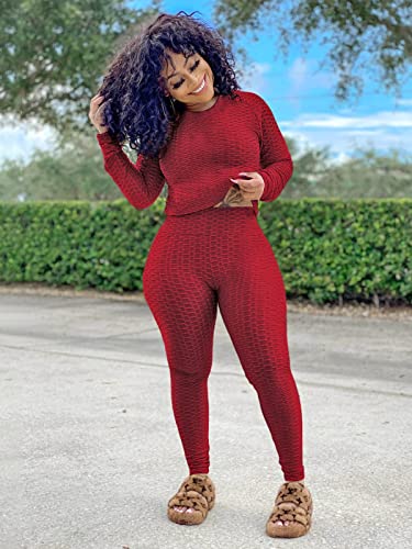KANSOON Jogging Suits for Women 2 Piece Bodycon Sweatsuits Long Sleeve Pullover Top Jogger Pants Workout Set Wine Red XL