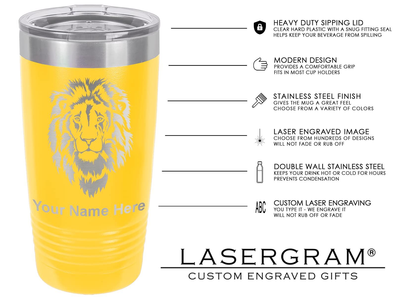 LaserGram 20oz Vacuum Insulated Tumbler Mug, Happy Face, Personalized Engraving Included (Yellow)