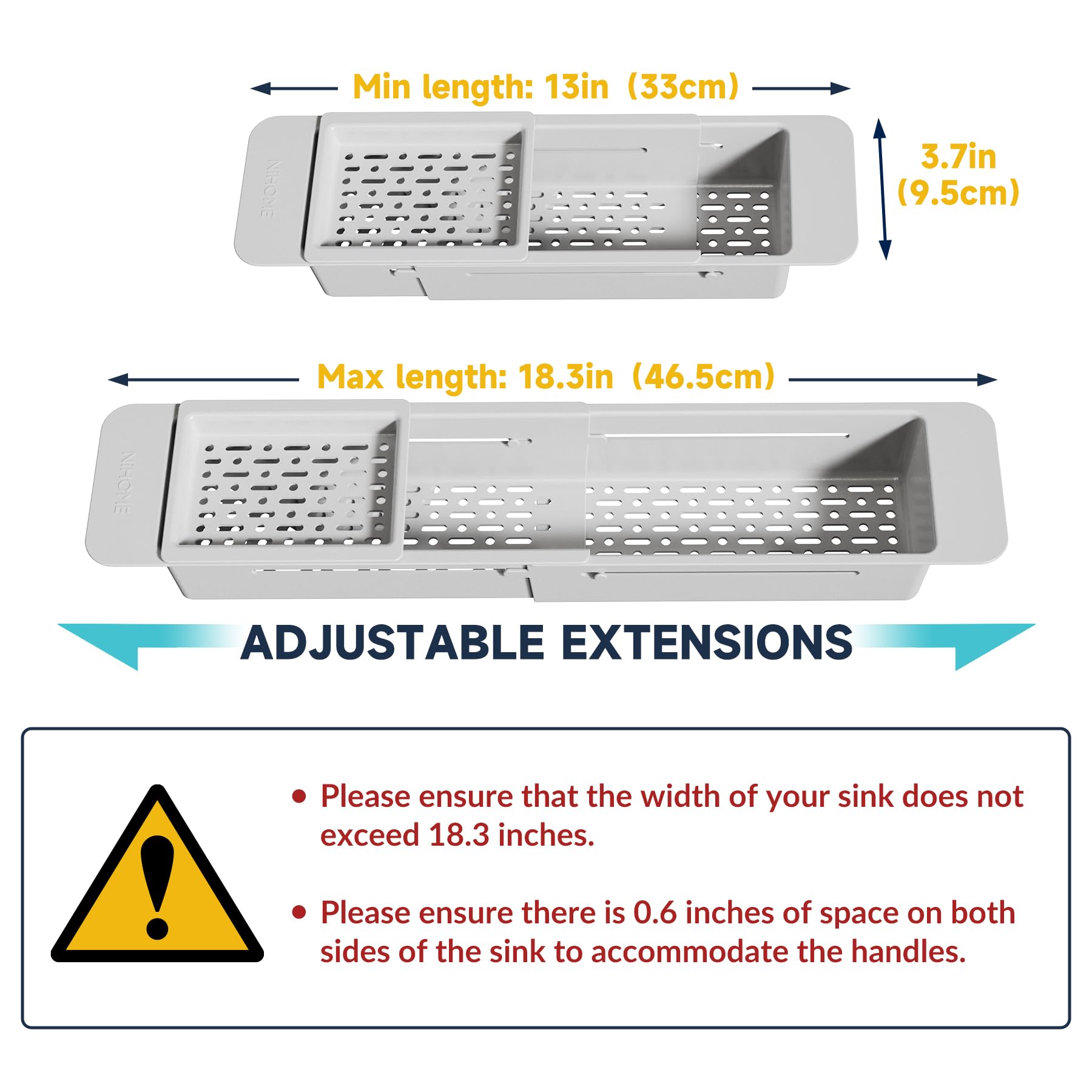 NiHome Extendable Over Sink Kitchen Organizer, Telescopic Sink Storage Rack for Sponge, Non-Slip Pads Expandable Sink Caddy, Adjustable Sponge/Brush Rack with Drainage Durable ABS Material (Grey)