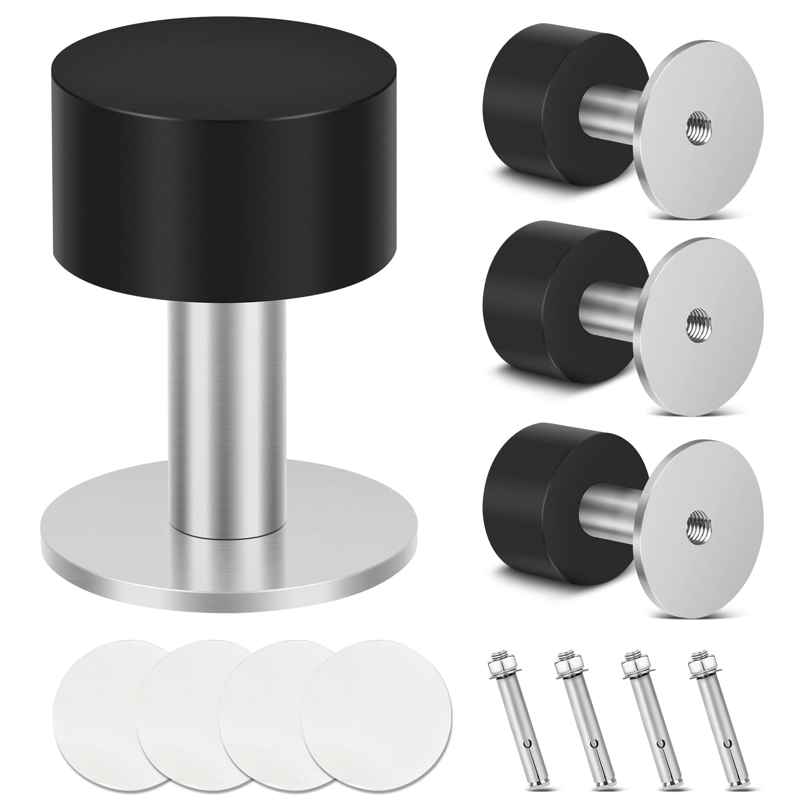 KOLAKO Black Door Stops, Floor Door Stoppers, No Drill Heavy Duty Modern Cylindrical Doorstops Rubber Bumper Adhesive Door Stop Wall Protector, Door Stoppers for Bottom of Door, 4 Pack