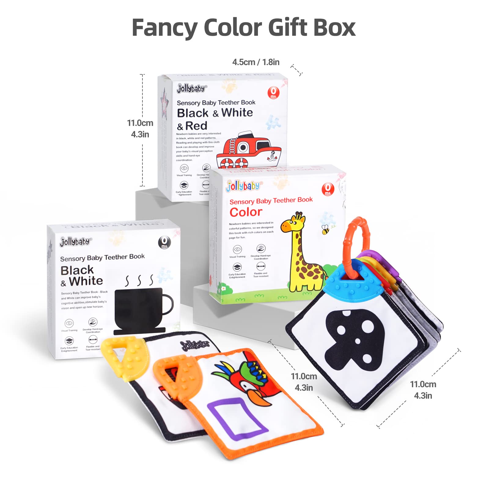 Jollybaby High Contrast Teething Toy Black White Red, Newborn Sensory Soft Teether Crinkle Cloth Flash Cards Detachable, Clip On Infant Toys for Babies 0 3 6 12 Months Visual Development Gift Pack
