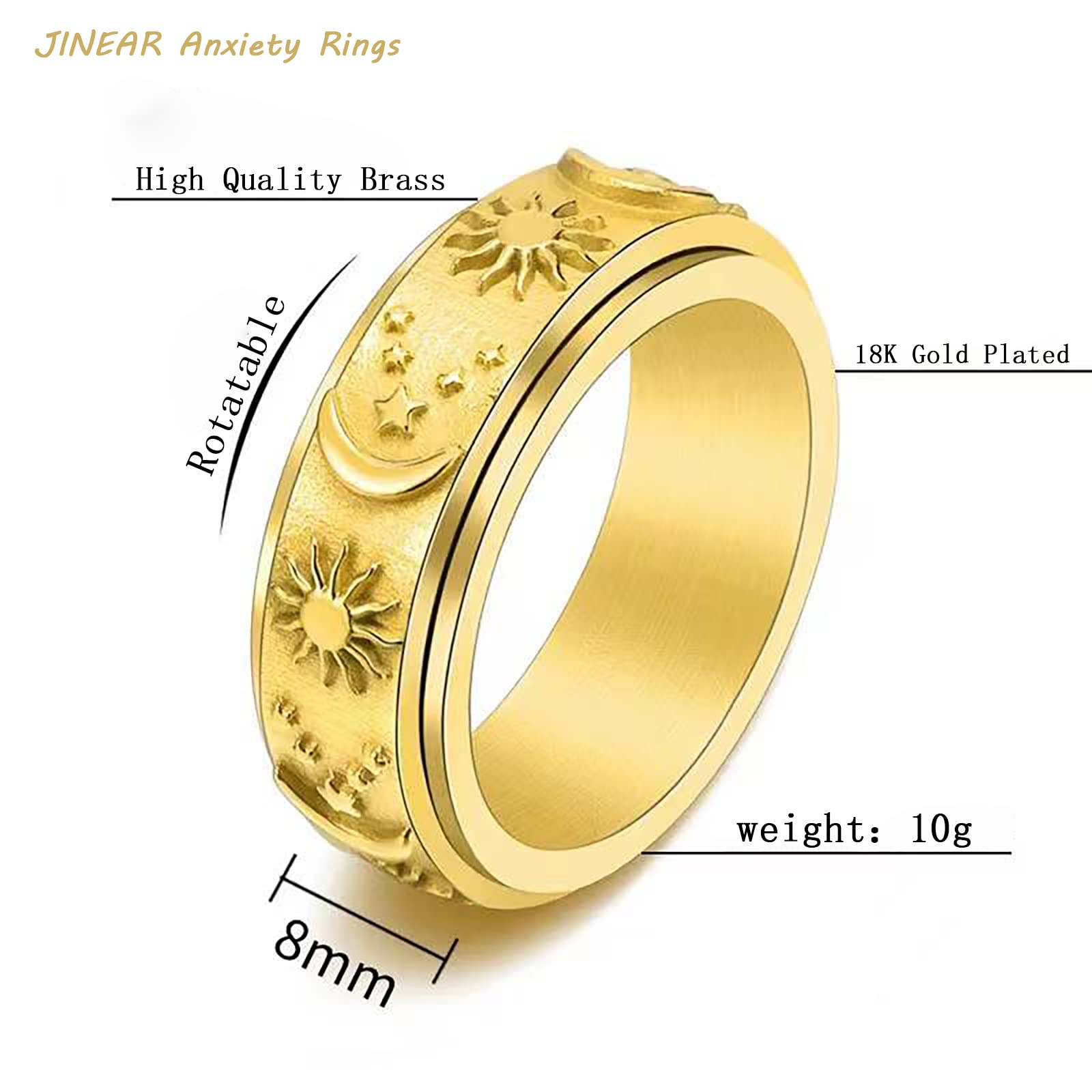 JINEAR Anxiety Fidget Rings for Women Men 18K Gold Plated Relieving Spinner Spinning Bands Star Sun Ring Size 10
