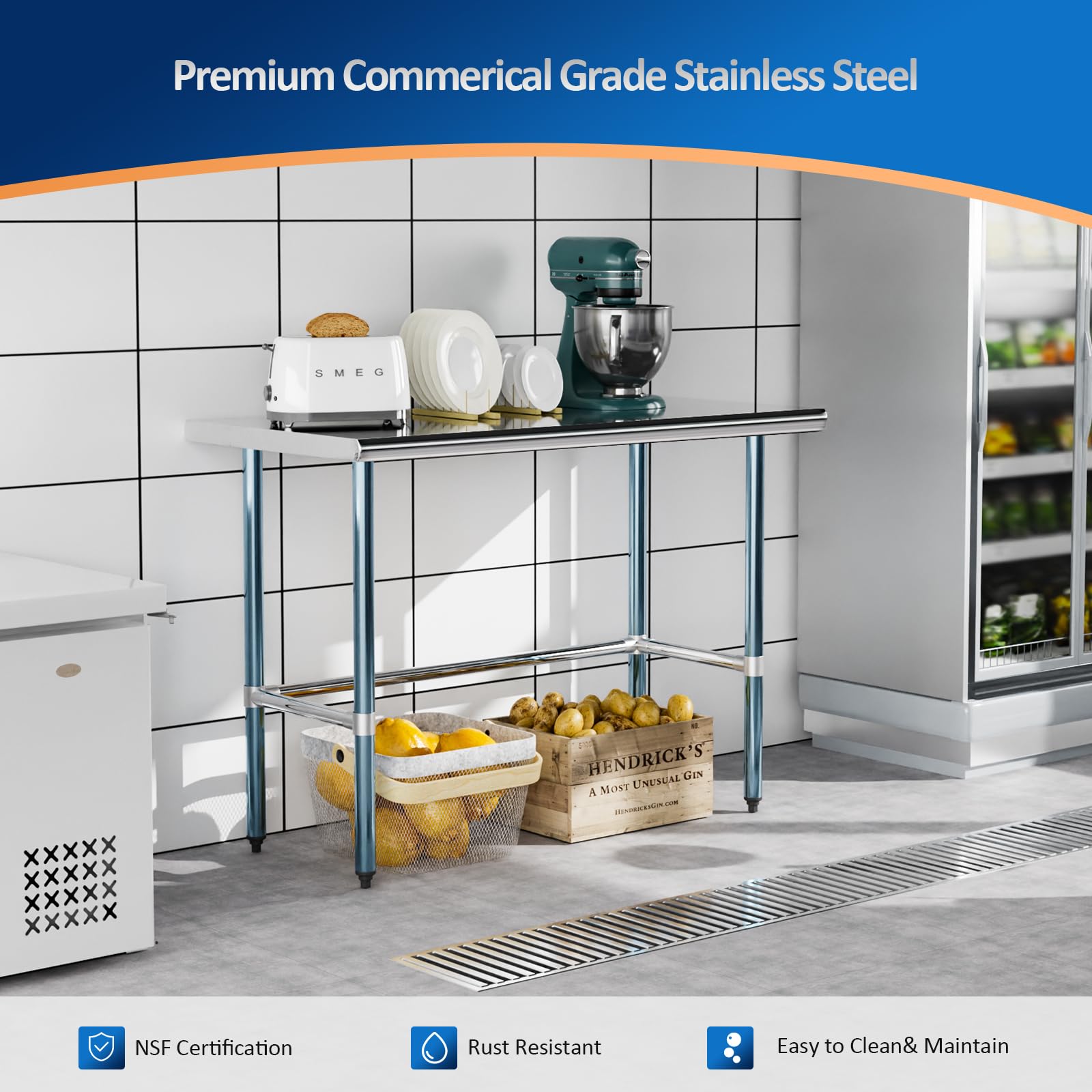 ROVSUN 60" x 24" Stainless Steel Open Base Table, NSF Commercial Metal Table, Heavy Duty Prep & Work Table with Galvanized Legs for Home Kitchen, Restaurant,Hotel, Garage, Laundry, Utility