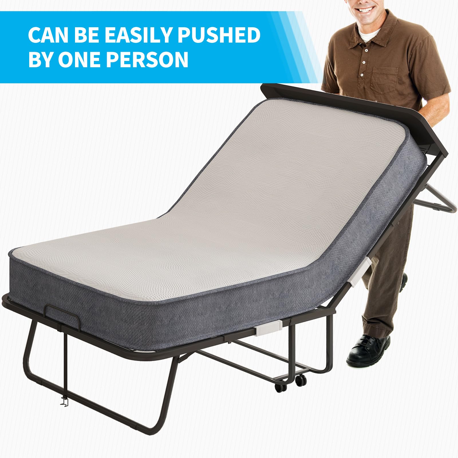 Horgaeo Folding Bed with 5 Inch Mattress Twin Size Portable Foldable Guest Bed with Headboard for Adults, Fold Up Rollaway Bed with Metal Frame and Dust Cover, Space Saving, 75 x 31