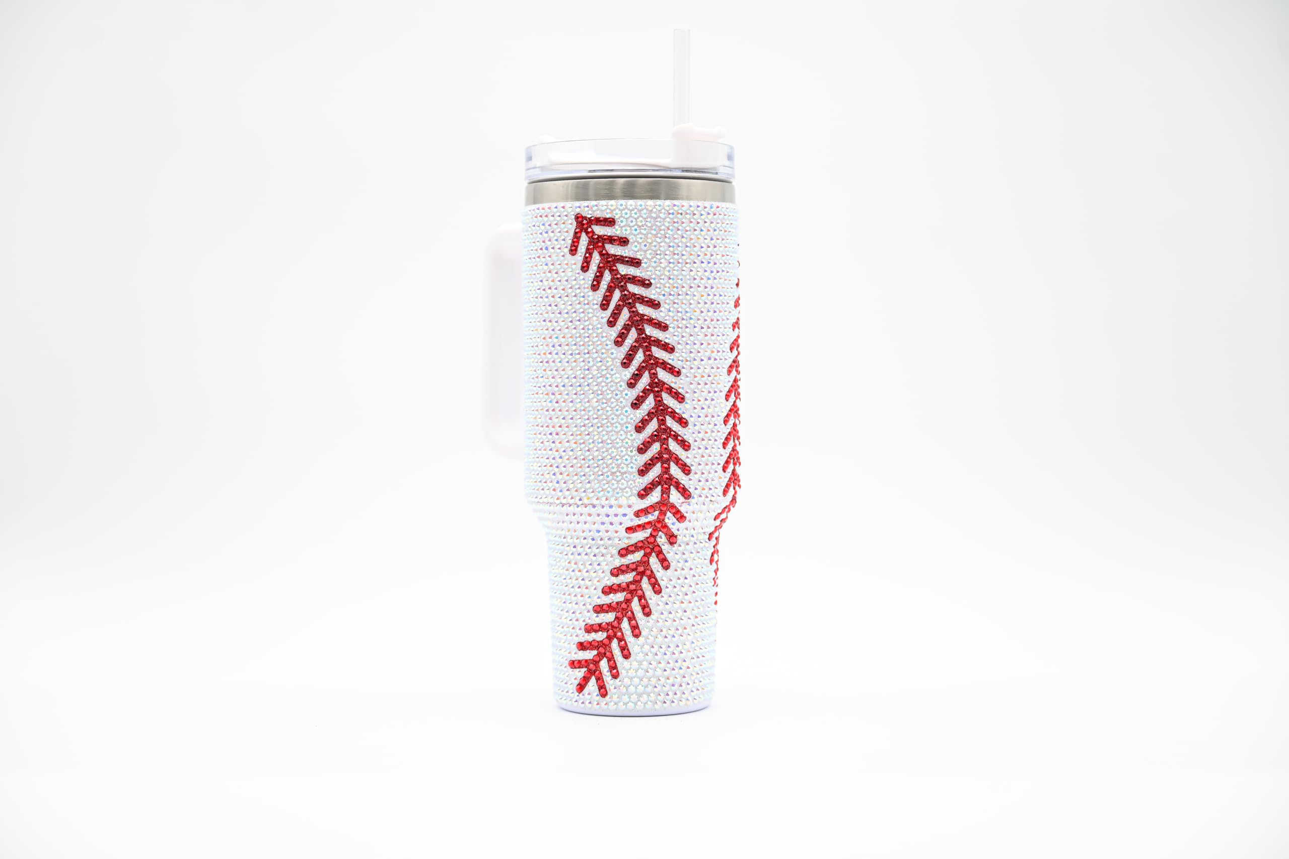 SEM LIFE 40 Oz Rhinestone Bling Tumbler Cup with Handle and Straw (BASEBALL), Stainless Steel and Double Wall Insulated