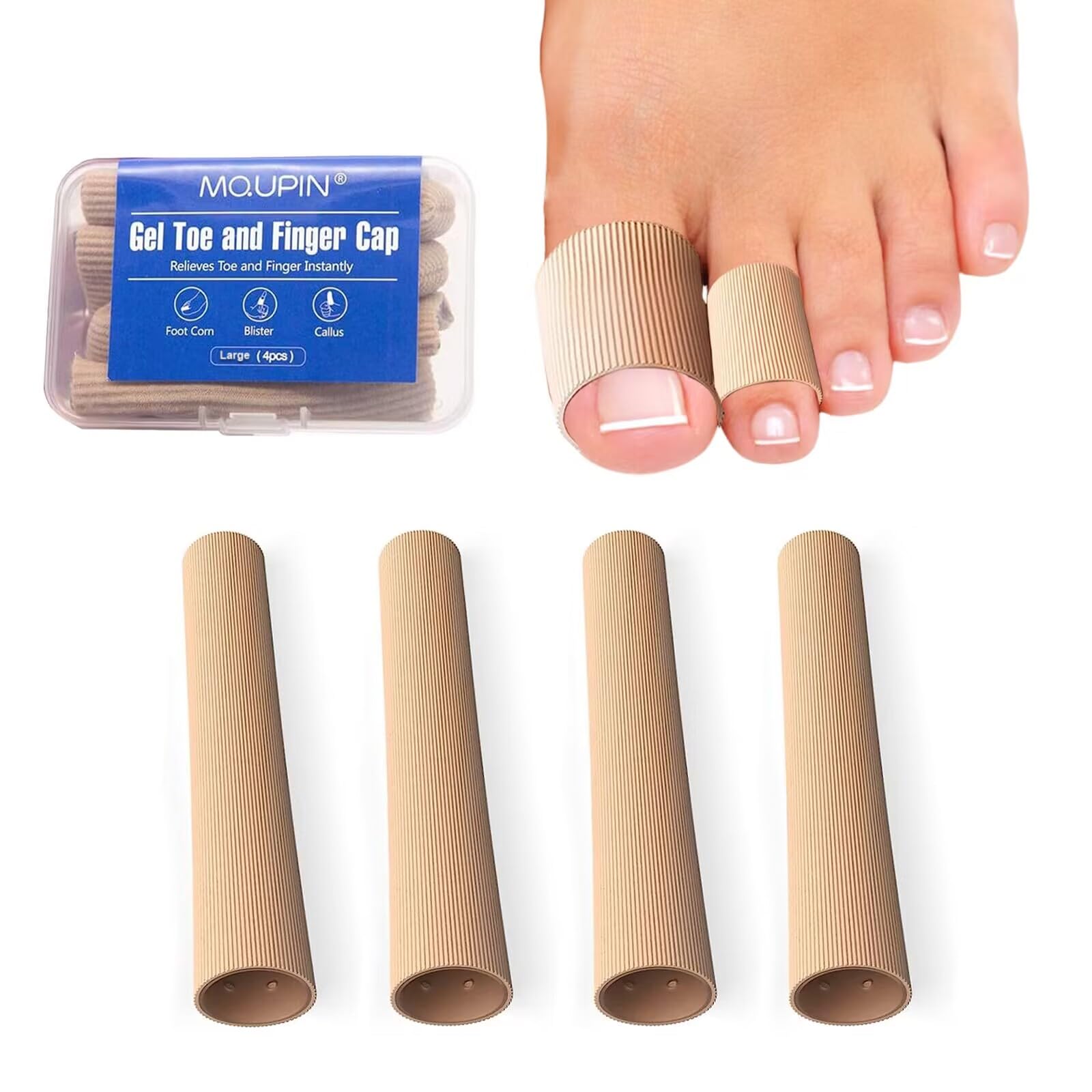 MQUPIN Toe Tubes Sleeves Cuttable Gel Toe Caps Finger Cap Toe Covers Sleeves Gel Corn Pad Protectors for Cushions Corns, Blisters, Calluses(L)