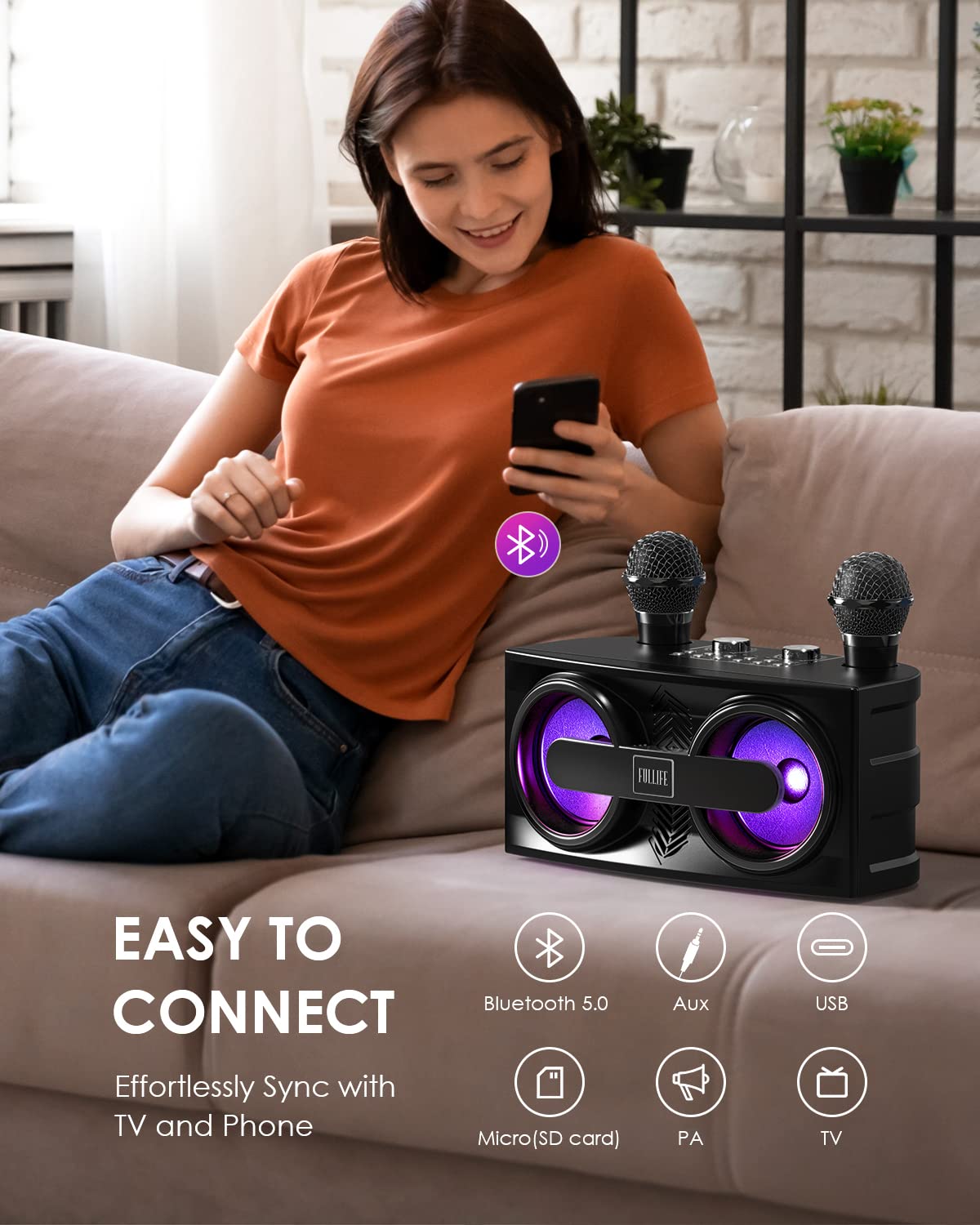 Karaoke Machine with 2 UHF Wireless Microphones for Adults/Kids, FULLIFE Portable Bluetooth PA Speaker System with Led Light/Echo/Bass Adjustment/Vocal Cut for Home Parties, Indoor/Outdoor