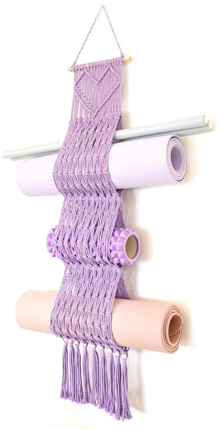 Macrame Yoga Mat Holder Wall Mount Yoga Mat Foam Roller Wall Hanging Rack for Yoga Mat Storage Organizer with 3 Sizes Easy Access Pocket Boho Gym Home Decor-Purple (Pastel Lavender)