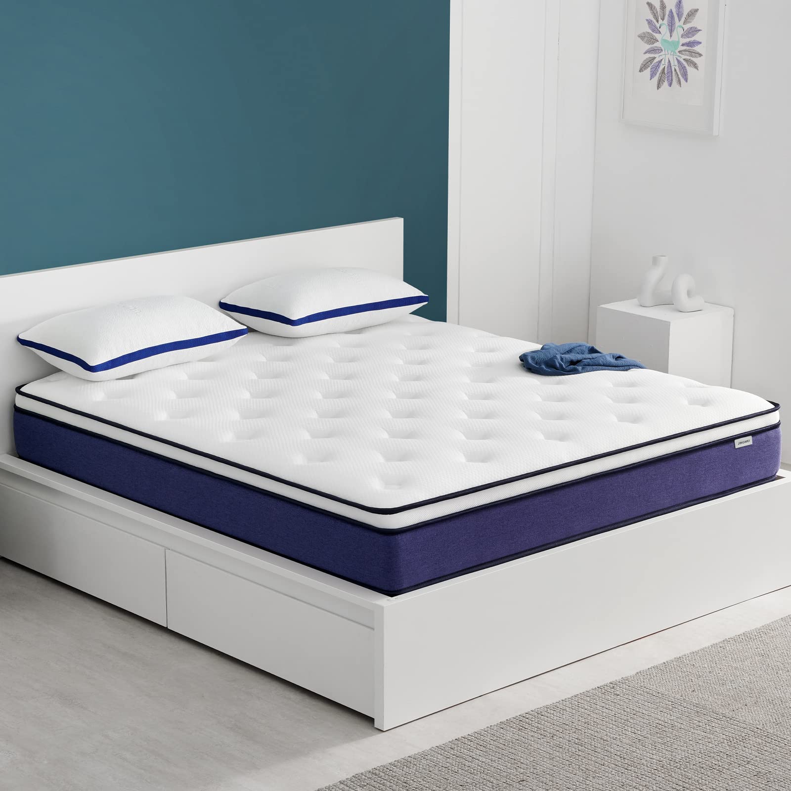 JINGWEI Queen Mattress, 10 Inch Individually Wrapped Pocket Coils Wrapped Pocketed Encased Coil Pocket Spring Mattress, Innerspring Foam Bed Mattress in a Box for Durable Support & Pressure Relief