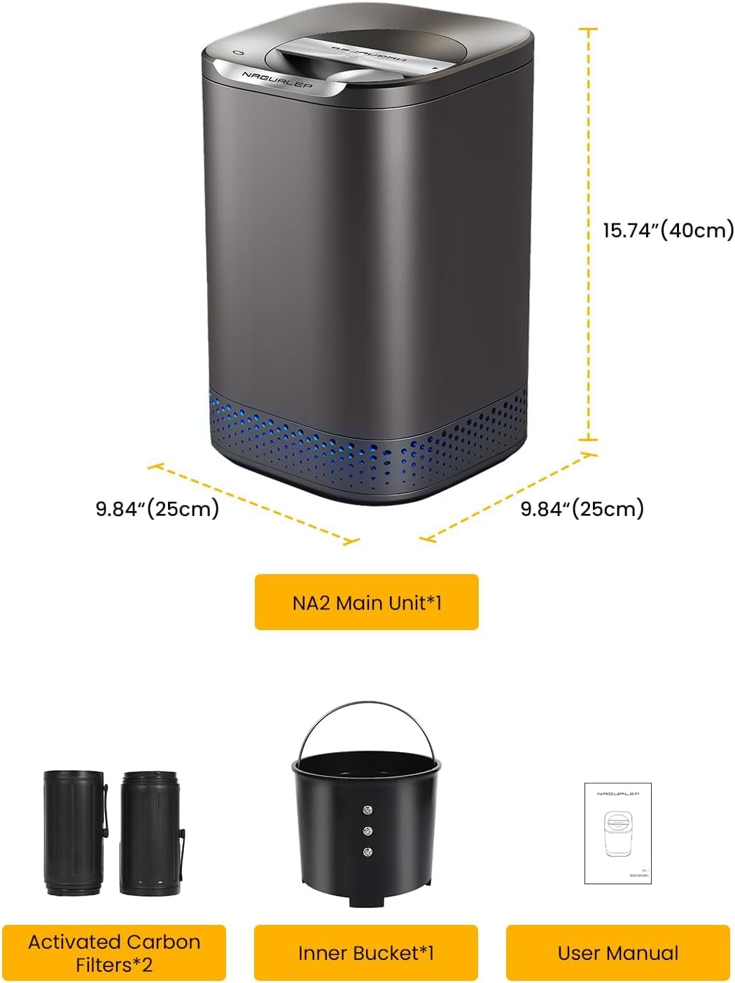 Nagual Smart Electric Composter for Kitchen, Mill Composter Kitchen Bin, One Button Turn Waste into Natural Fertilizer, Auto-Stop, High Temperature Sterilization, Filter Deodorization(NA2 2.5L)