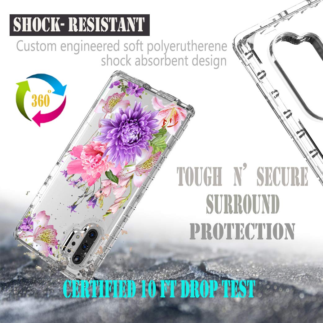 IN4U Galaxy Note 10 Plus Case, Full Body Military Grade Shockproof Transparent 3in1 Flower Design 360 Protective Cover Without Built-in Screen Protector for Samsung Galaxy Note 10 Plus (Floral)