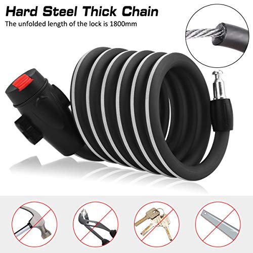 Homoto Bicycle Lock with Key, Cable Locks with Key, Chain Lock Bicycle 1.2 cm Diameter, with Waterproof Keyhole Lid, Support and Reflective Strips, 180 cm