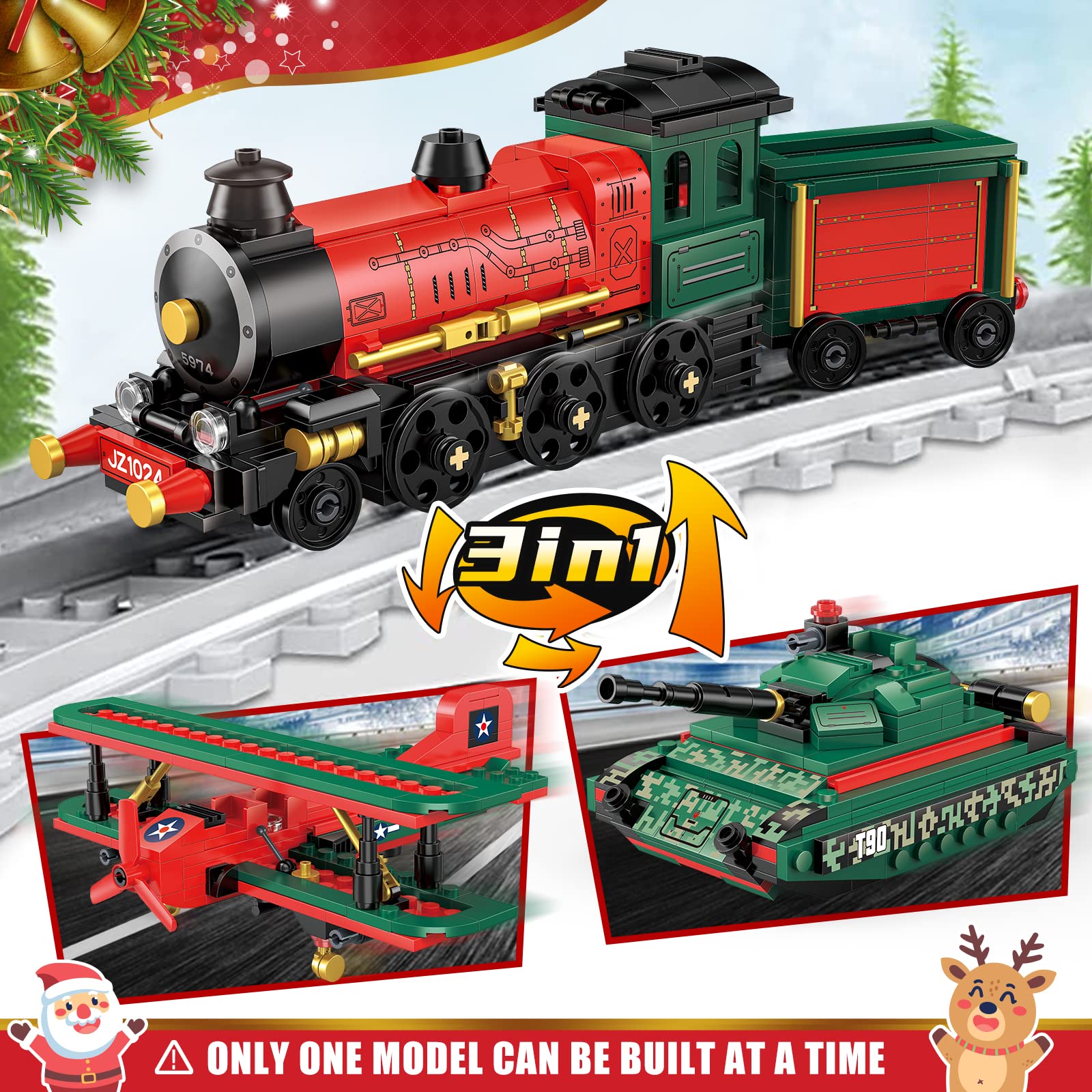 Lehoo Castle Train Set, 3 in 1 Toy Building Sets, Creative Educational Birthday Gift, Include Train Tank Airplane, Stem Projects for Kid Boy Girl 6 7 8 9 10+, 371 Pieces