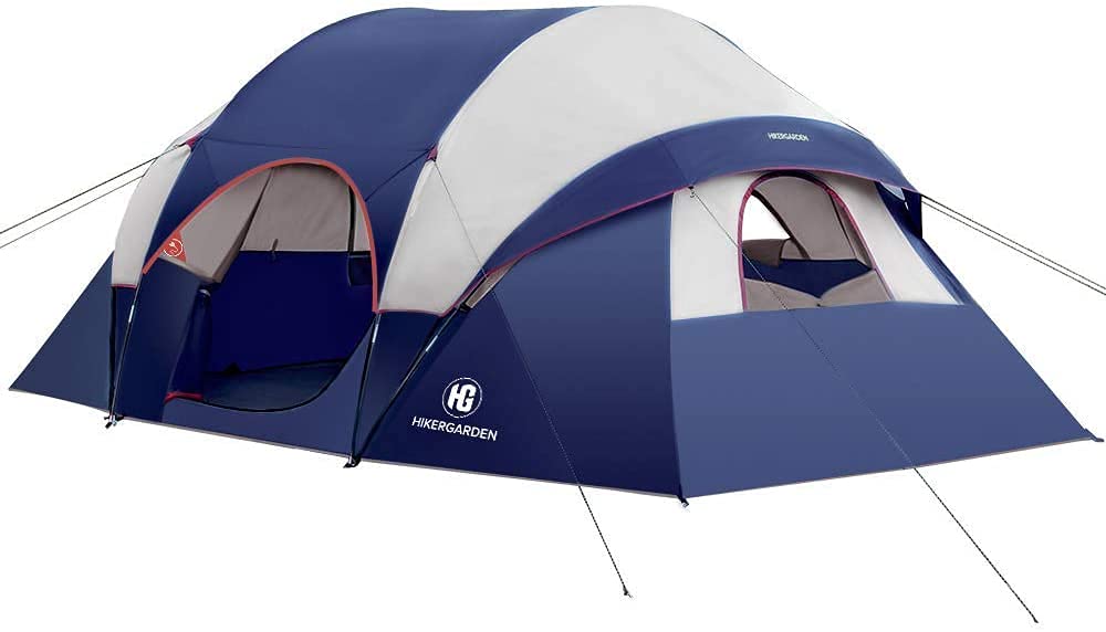 HIKERGARDEN 10 Person Tent for Camping Waterproof, Family Tent, Windproof Fabric, Easy Setup with Large Mesh for Ventilation, Double Layer and Divided Curtain