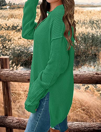 ZESICA Women's 2023 Casual V Neck Sweater Loose Long Sleeve Waffle Knit Button Henley Pullover Jumper Top,Green,Small