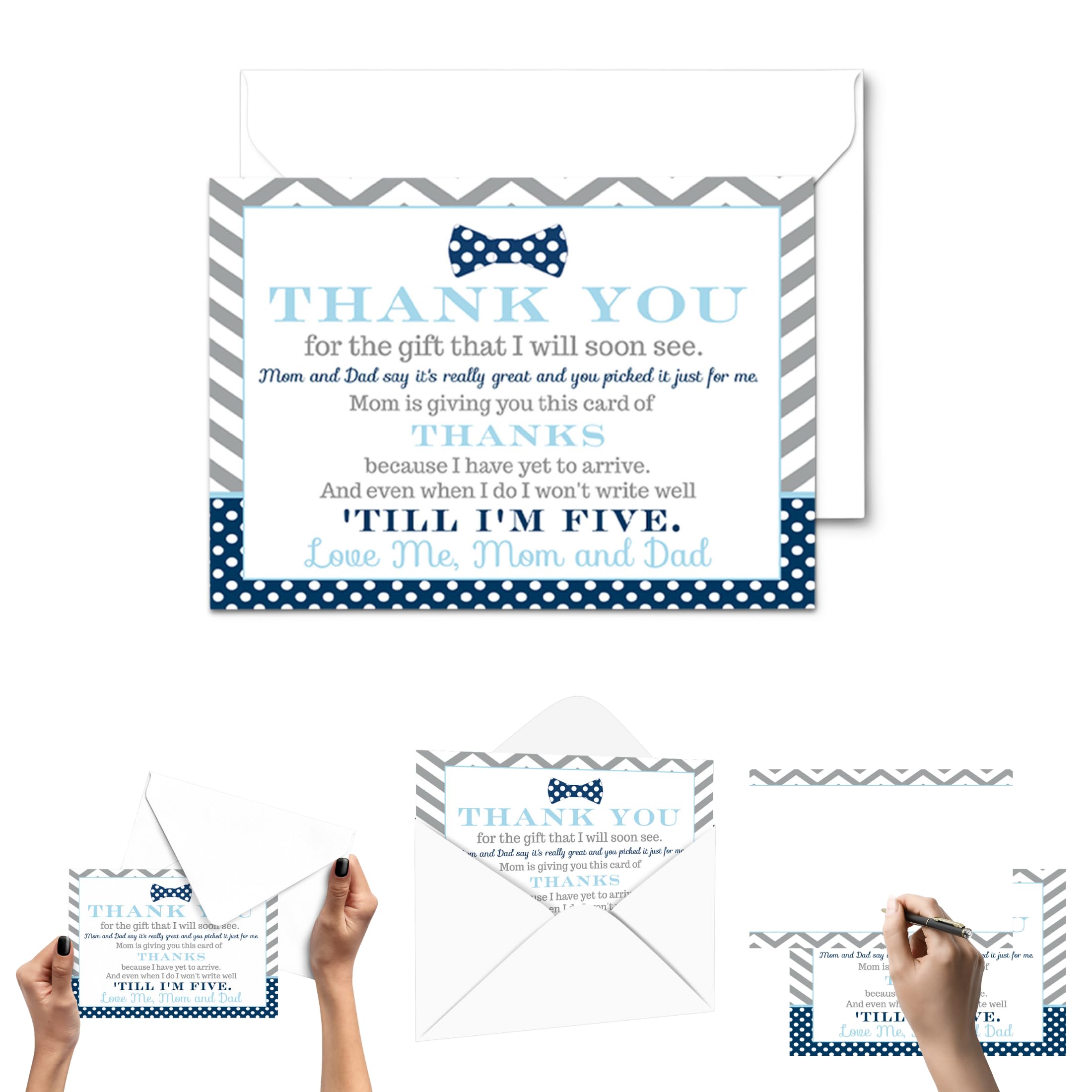 Paper Clever Party 25 Bow Tie Baby Thank You Cards Pack β Boys Baby Shower Notes with Envelopes, Prefilled Message, Customizable Blank Stationery, Adventure Theme, New Parents Gift Ideas