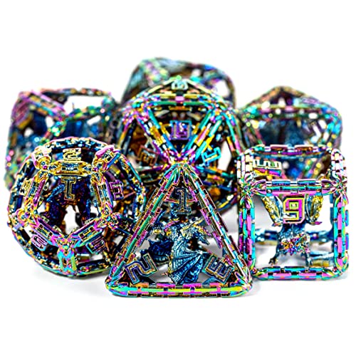 Metal DND Dice Set - Imprisoned Dragon Core Metal Dice Set for Role Playing Games (RPG) - Beautiful & Intricate Polyhedral DND Metal Dice - Stunning D&D Dungeons and Dragons Dice Set (Rainbow)
