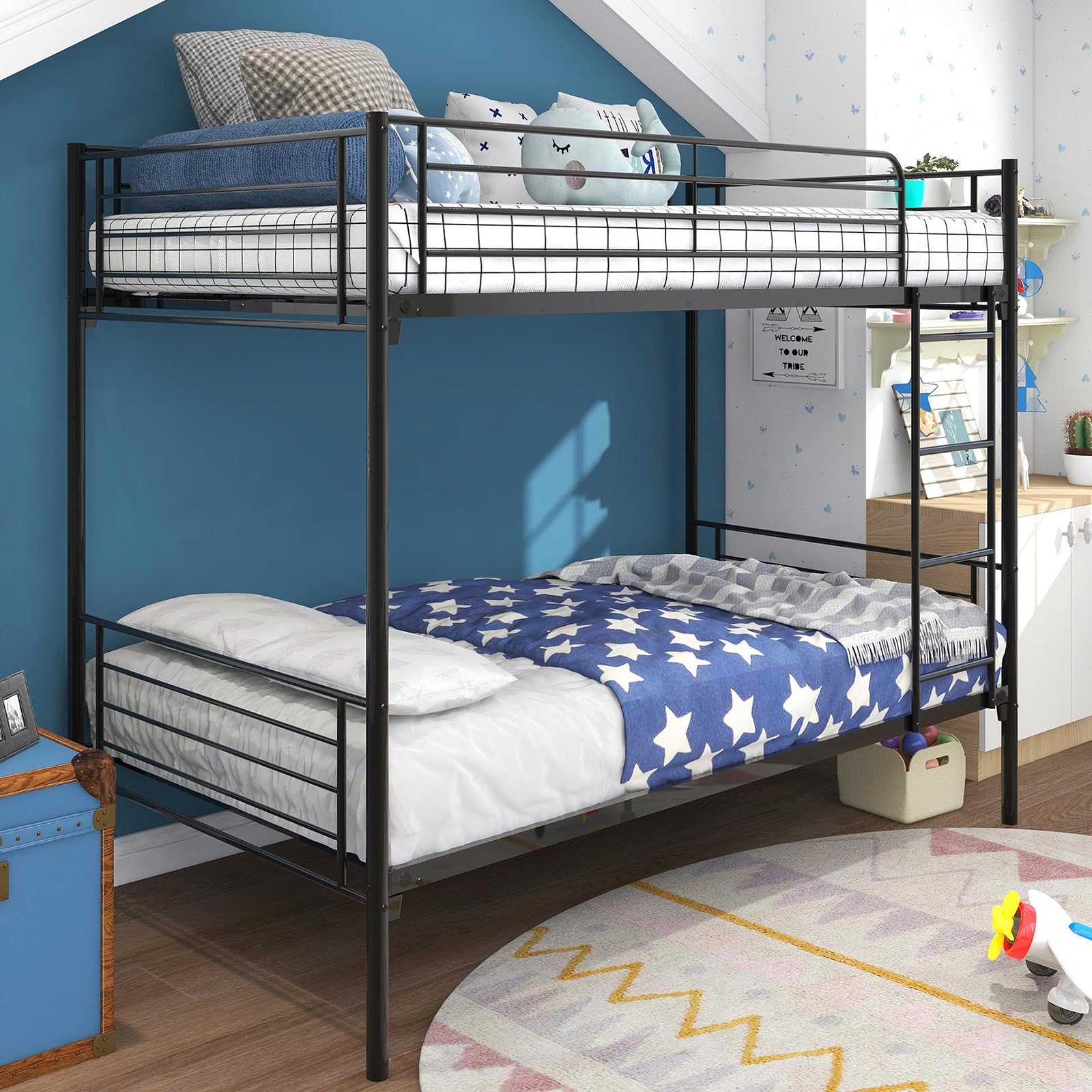 HAUSHECK Metal Bunk Beds Twin Over Twin Size, Bed Frame with Removable Ladder & Enhanced Upper-Level Guardrail, Space-Saving, No Box Spring Needed, Heavy Duty Sturdy Frame for Junior & Adults