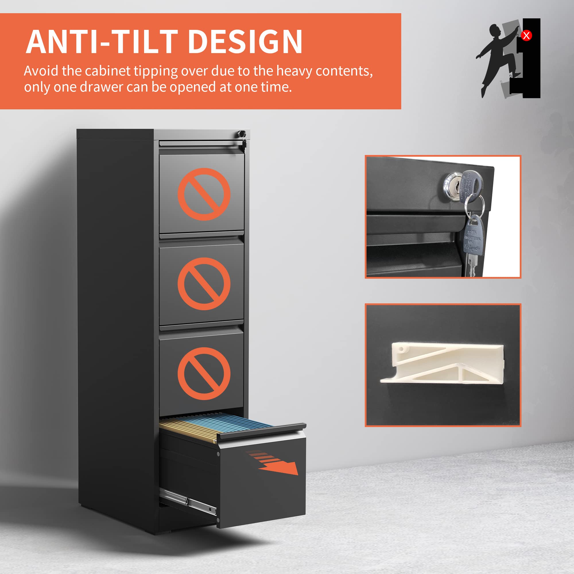 IKIMI 4 Drawer File Cabinet,Metal Filing Cabinets with Lock,Black Vertical File Cabinet for Home Office,Heavy Duty Metal Storage Cabinet for A4/Letter/Legal Size File,Assembly Required