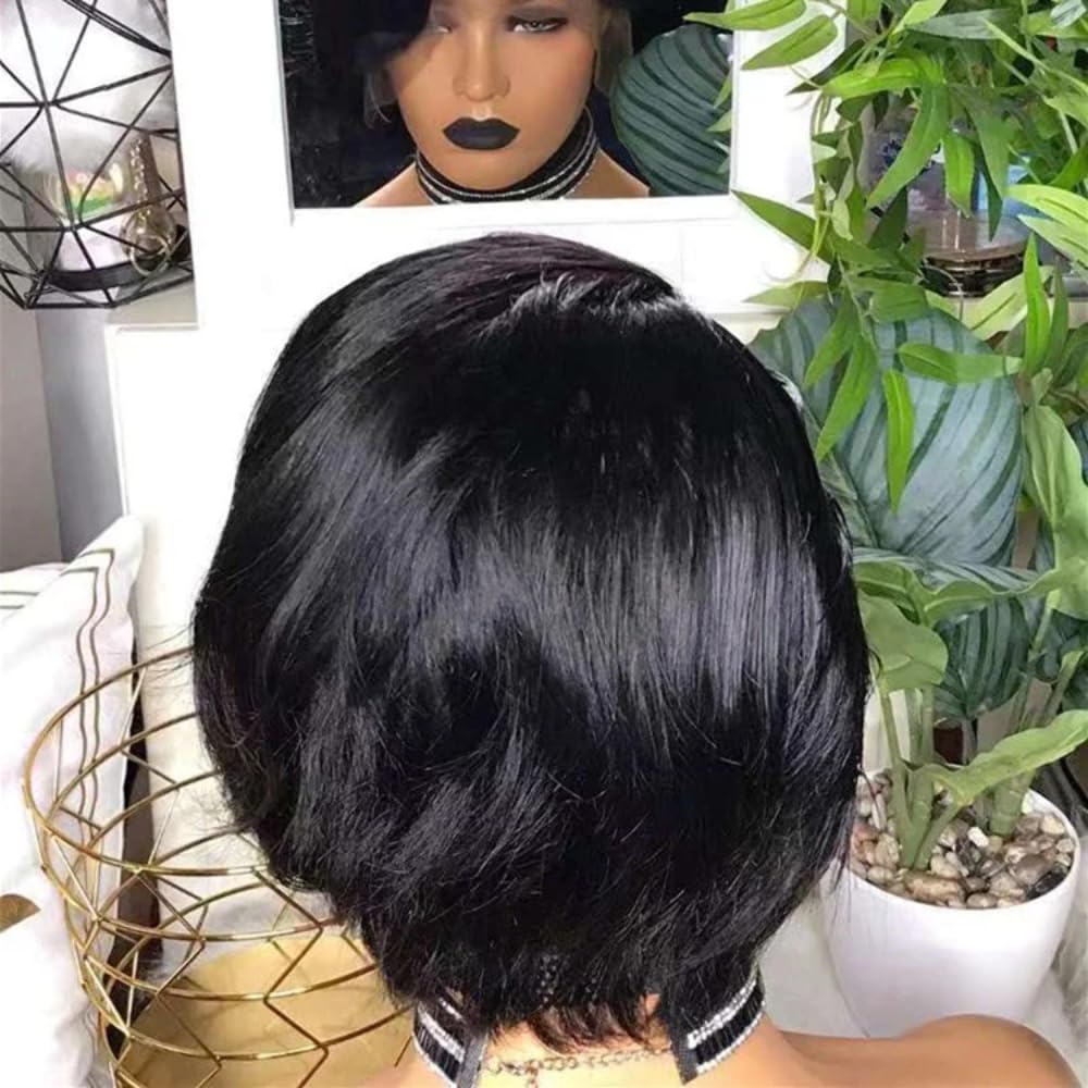 Pixie Cut Wigs Natural Black Color European Human Hair With Glueless Transparent Lace Front Wig color 1 8 Inches