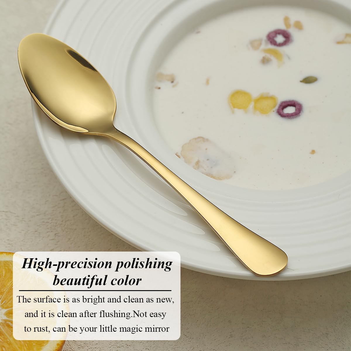 ReaNea Gold Dinner Spoons 12 Pieces, Stainless Steel Titanium Gold Plating Table Spoon, Soup Spoons, Use for Home, Restaurant, Wedding, Parties, Events, Christmax