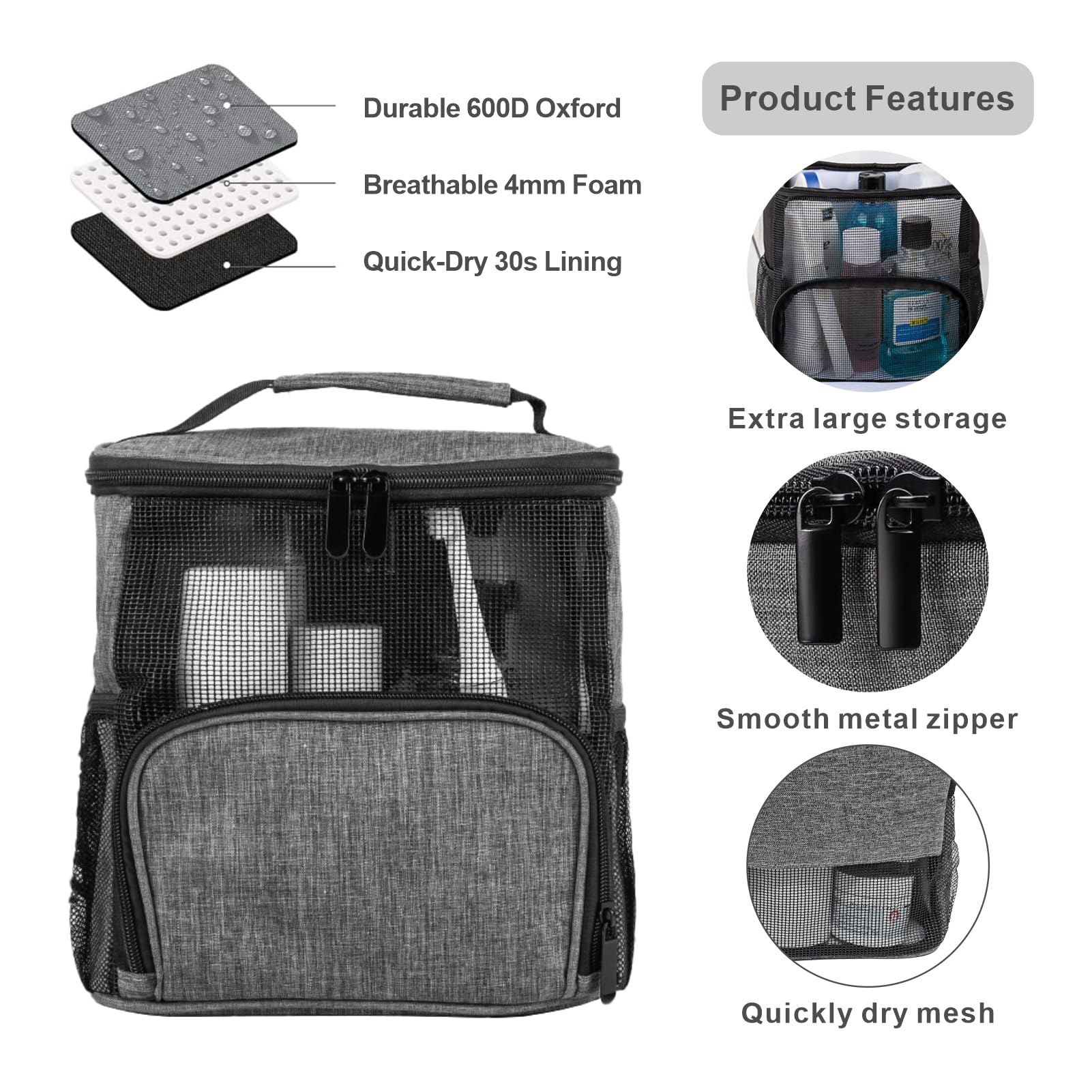 Portable Shower Caddy for Dorm & Gym & Travel - Extra Large Capacity&Drain Mesh, Quick Dry and Water Resistant with Metal Hook - Essential College Dorm for Men & Women(Grey)