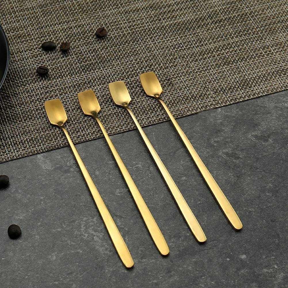 Long Handle Iced Teaspoon 8-Piece, Comicfs 7-Inch Stainless Steel Mixing Stirring Square Spoons for Cocktail Ice Cream Milkshake Cold Drink Ice Coffee (8 Spoons, Gold)
