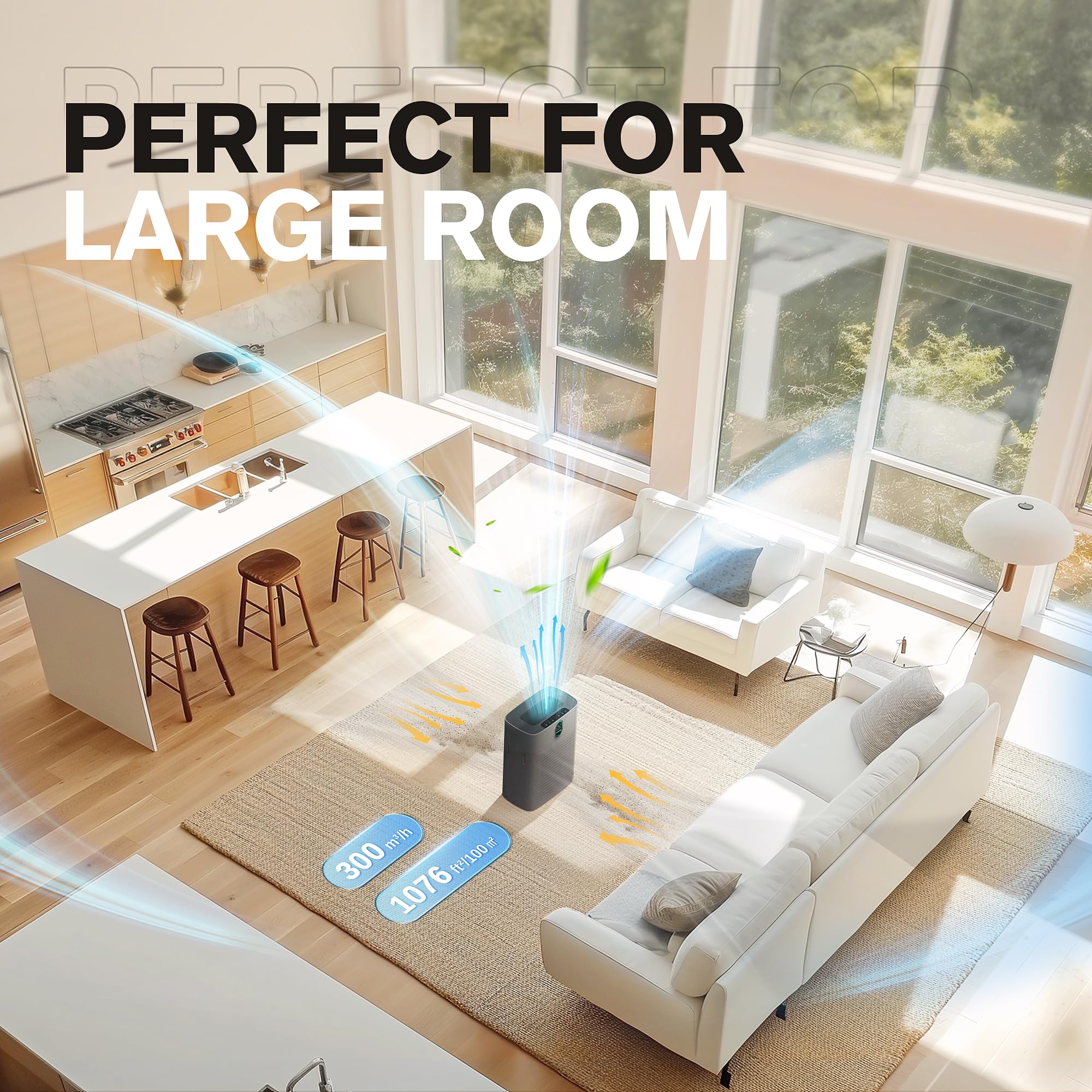 MORENTO Air Purifiers for Home Large Room up to 1076 Sq Ft with PM 2.5 Display Air Quality Sensor for Pet Hair, Double-sided Air Inlet, 24db, Dark Grey, 1 Pack